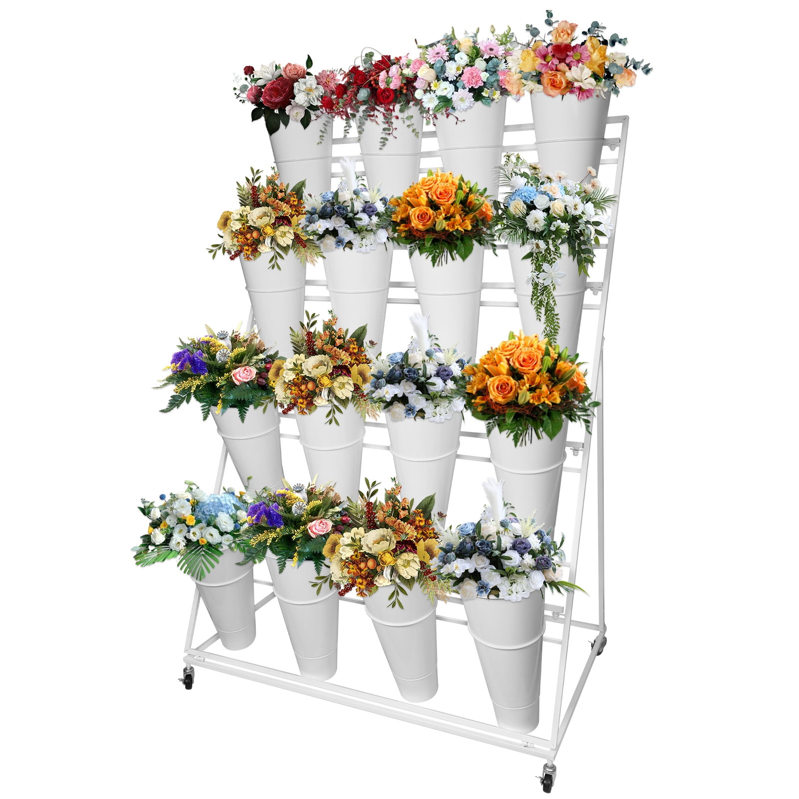 Flower Cart with 16 White Classic Pots, 4-Tier Reinforced Iron Plant ...