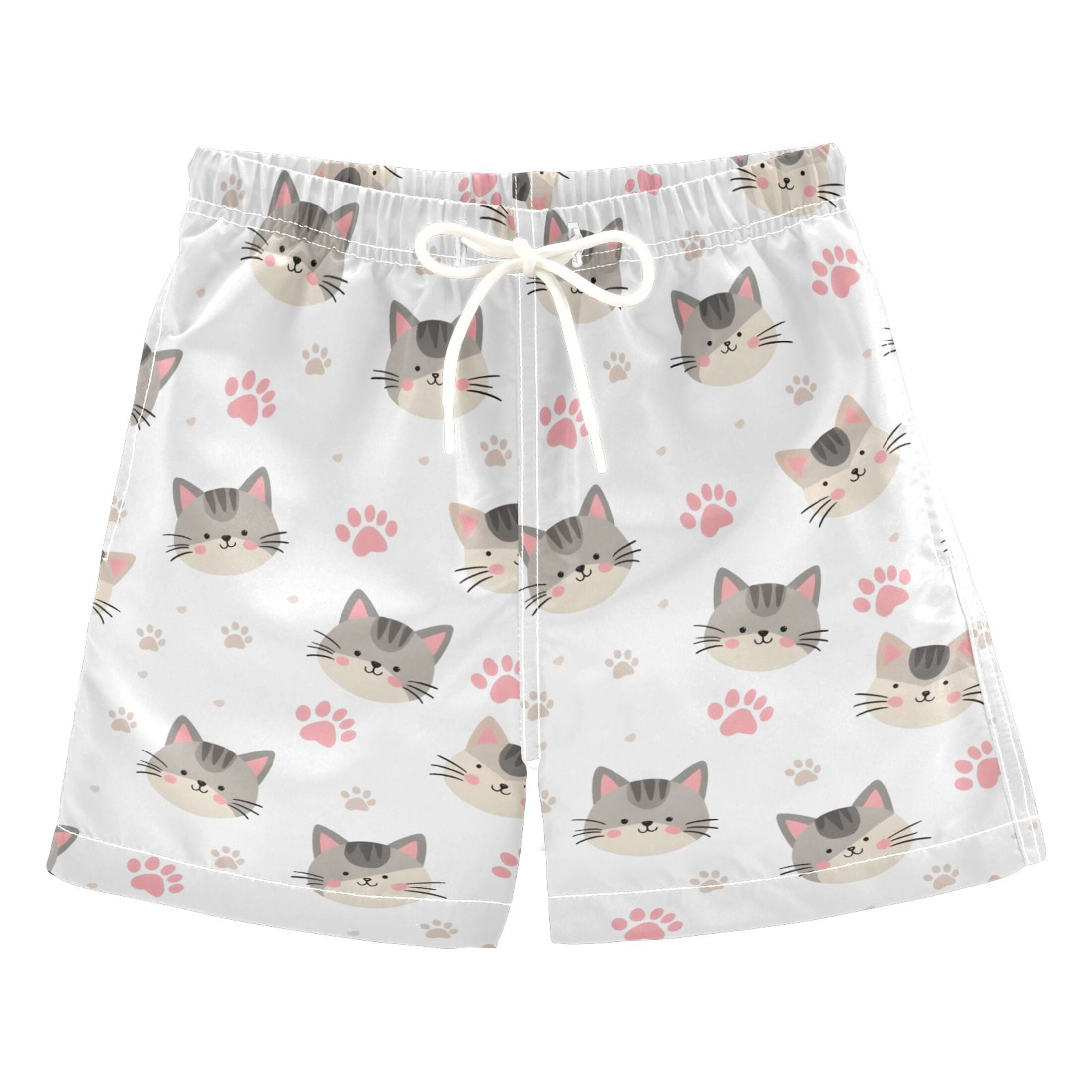 Flower Cat Footprint Pattern Swim Trunks Quick Dry Beach Pool Board ...