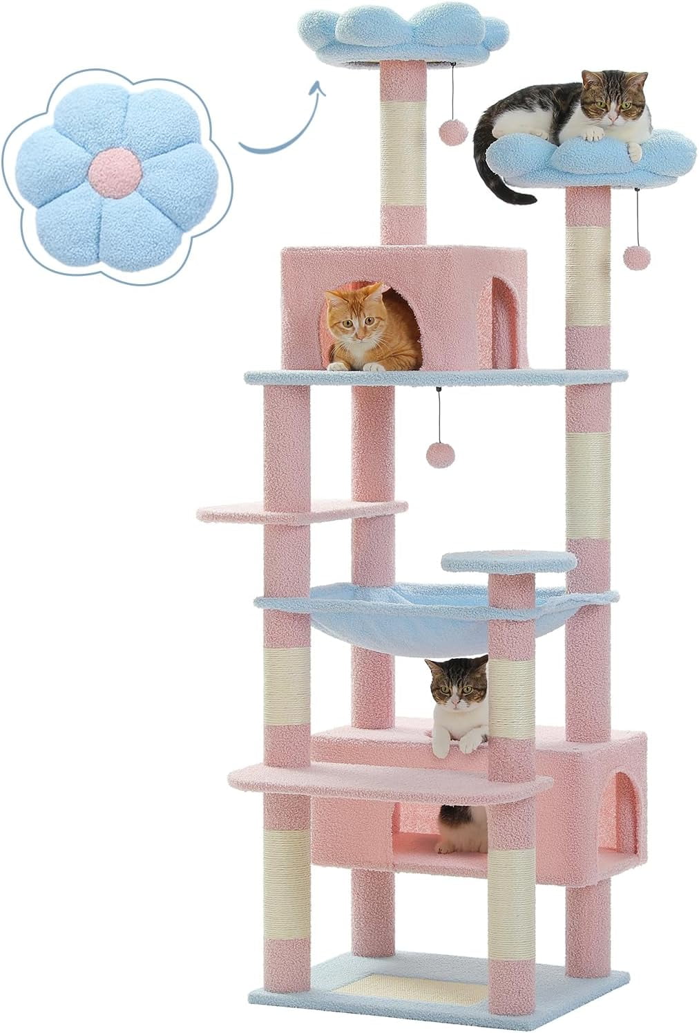 Flower Cat Tree, 72 Inches Large Cat Tower with Steel Frame Hammock and ...
