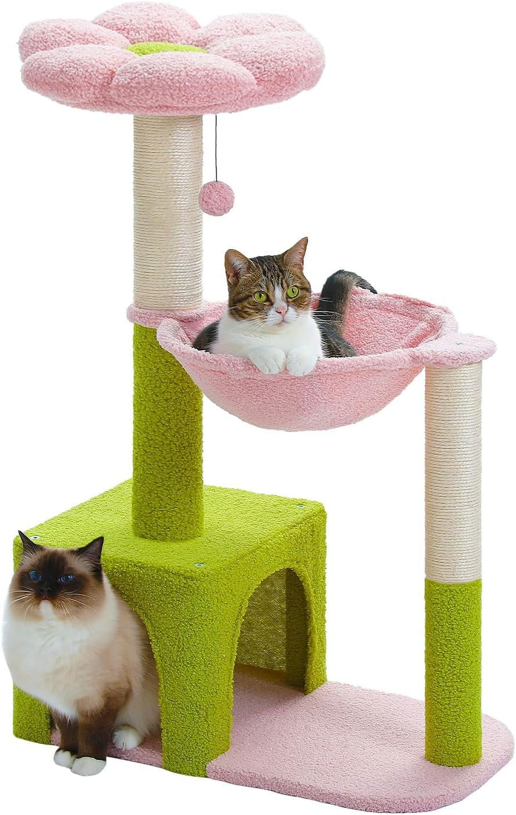 Flower Cat Tree with Large Metal Frame Hammock, 35" Cute Cat Tower with ...