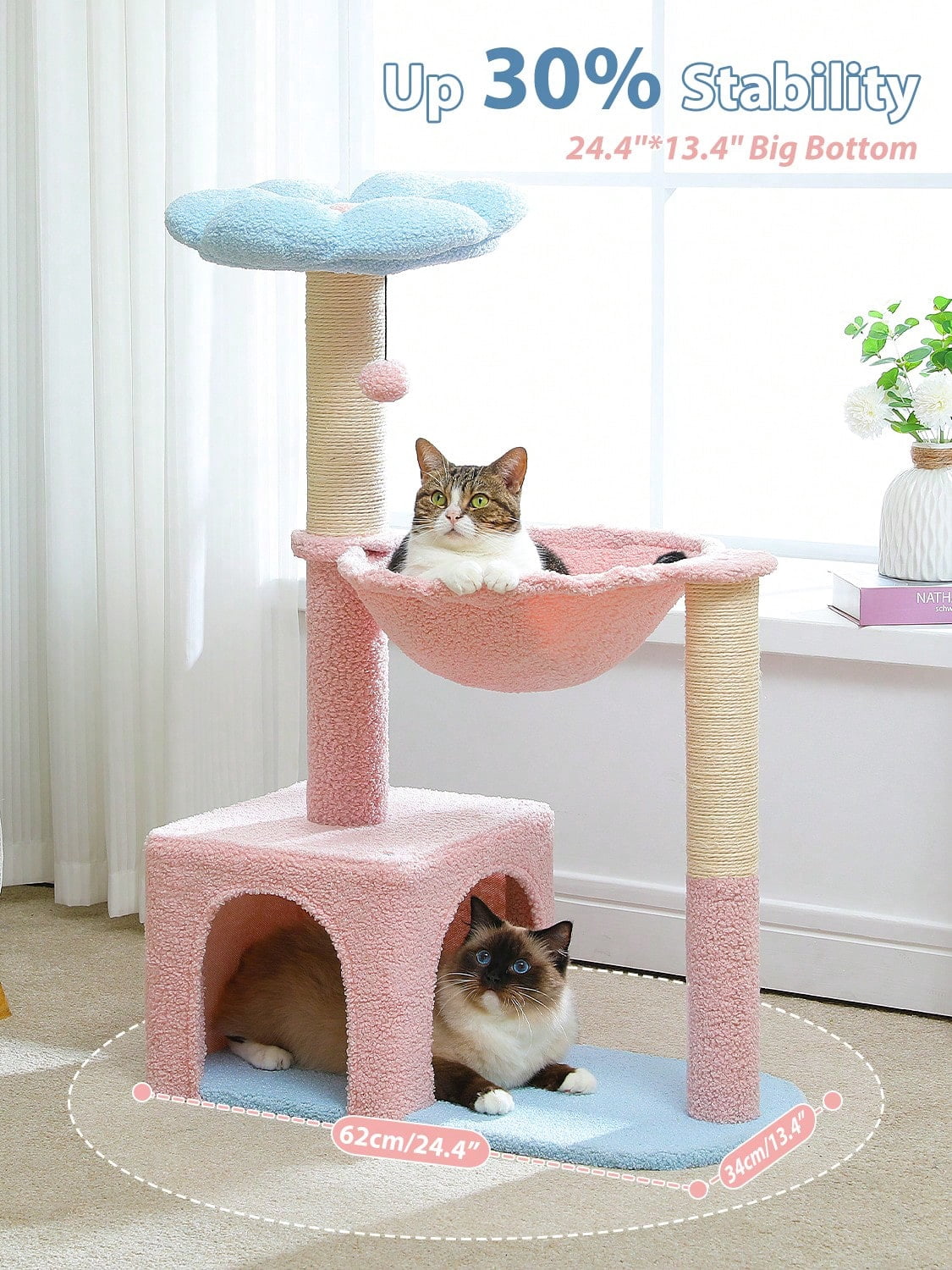 Flower Cat Tree With Large Metal Frame Hammock, 35" Cute Cat Tower With ...