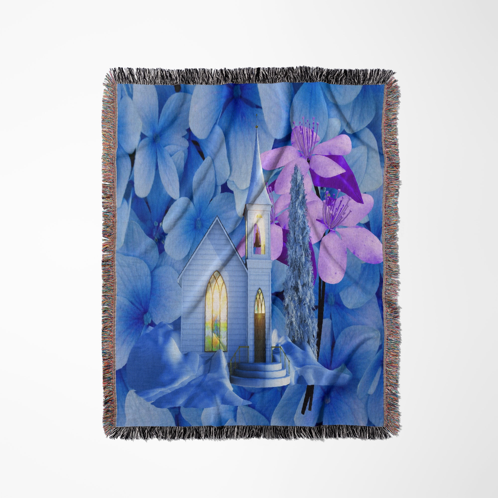 Flower Chapel Pretty Blue Flower Background And Lighted Chapel, Woven ...