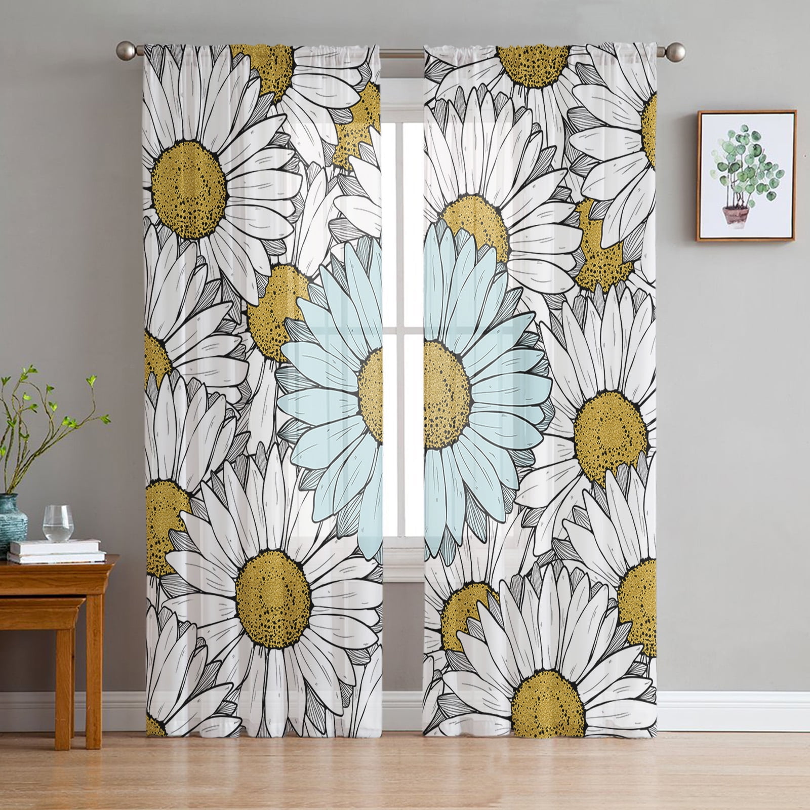 Flower Chrysanthemum Watercolor Window Treatment Tulle Modern Sheer ...