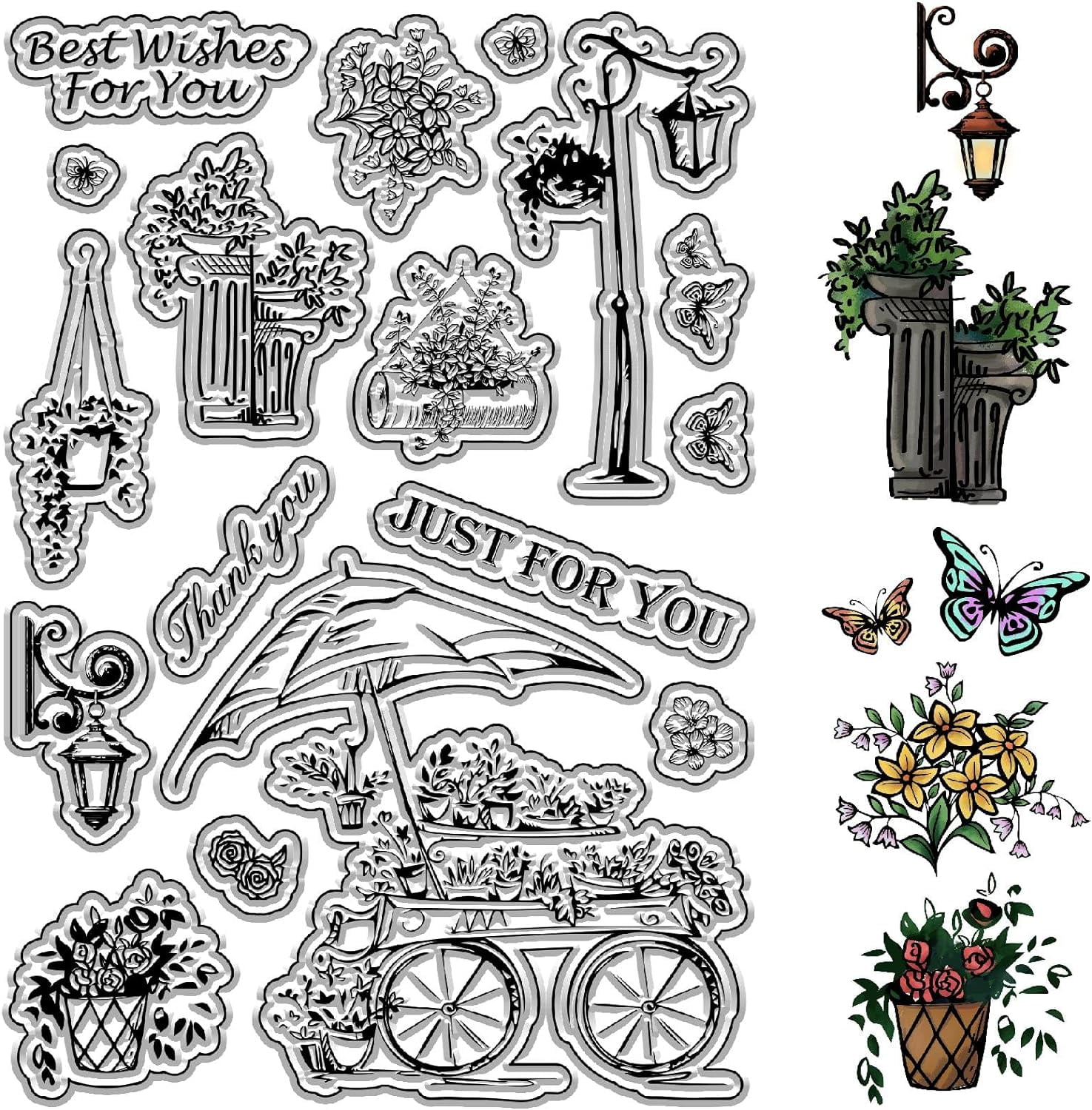 Flower Clear Stamps Flower Pots Floats Street Light Words Butterfly ...