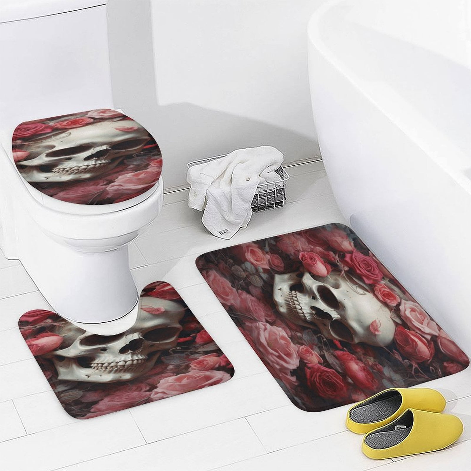 Flower Cluster Skull Bathroom Rugs Set 3 Piece with Non-Slip Bath Rugs ...