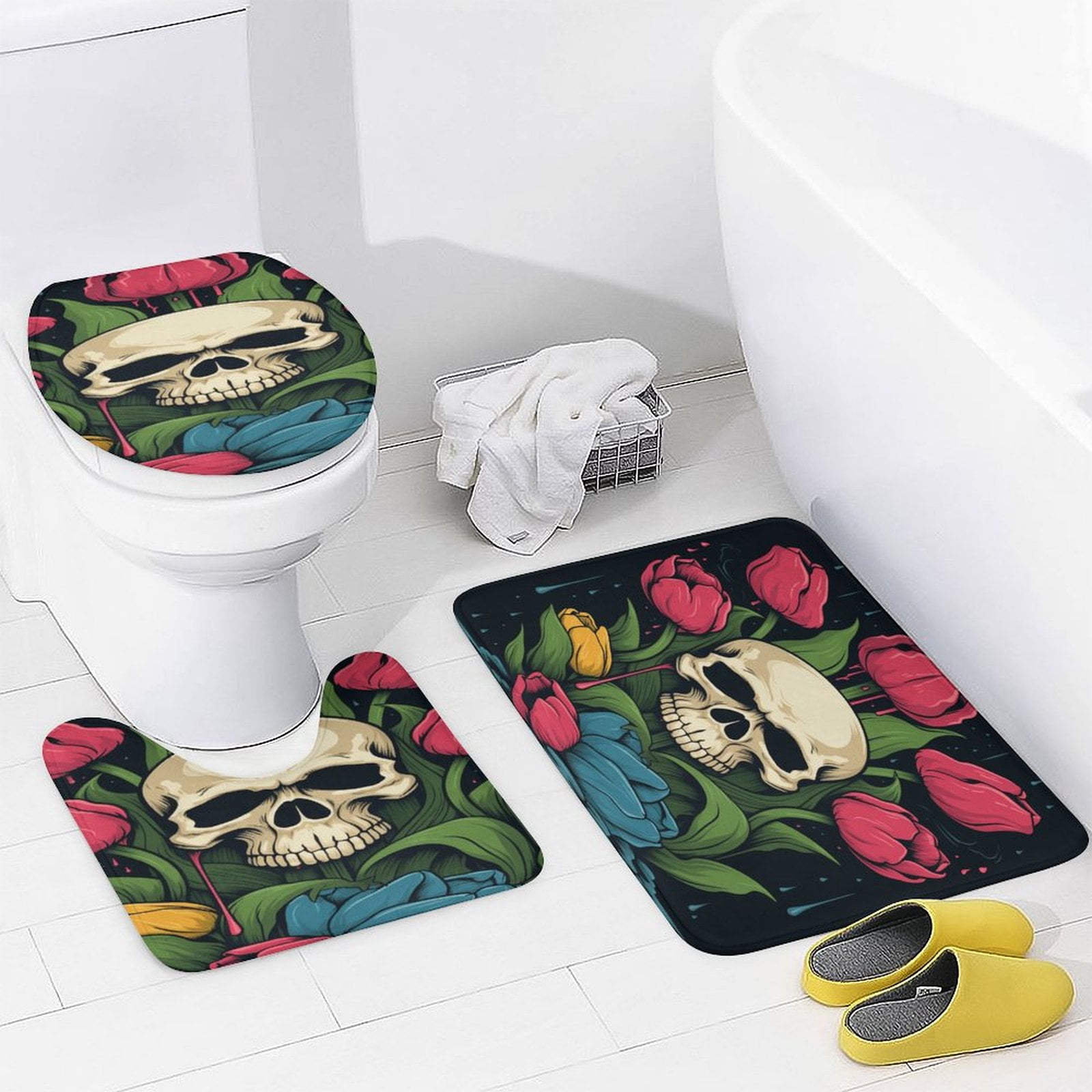 Flower Cluster Skull Bathroom Rugs Set 3 Piece with Non-Slip Bath Rugs ...