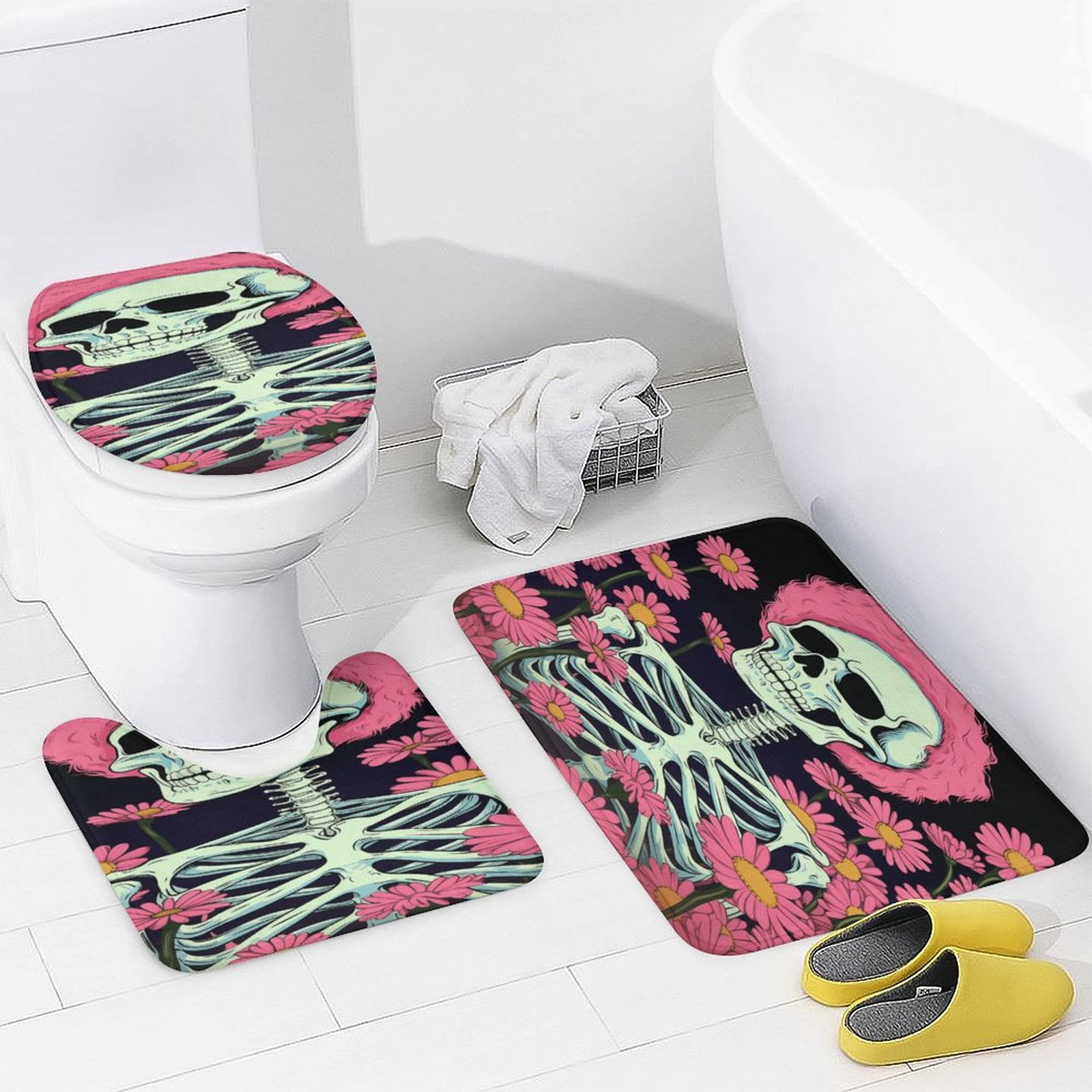 Flower Cluster Skull Bathroom Rugs Set 3 Piece with Non-Slip Bath Rugs ...