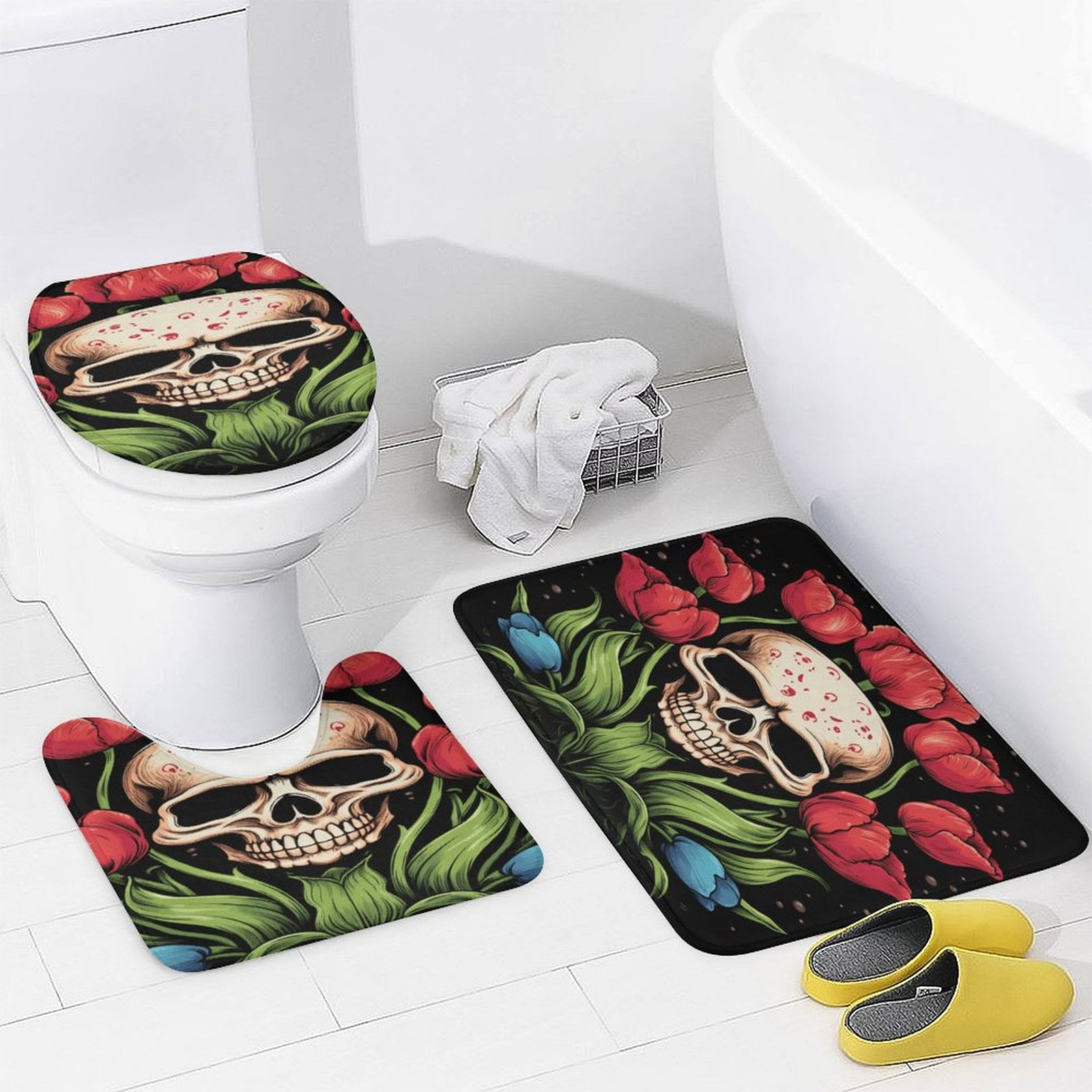 Flower Cluster Skull Bathroom Rugs Set 3 Piece with Non-Slip Bath Rugs ...