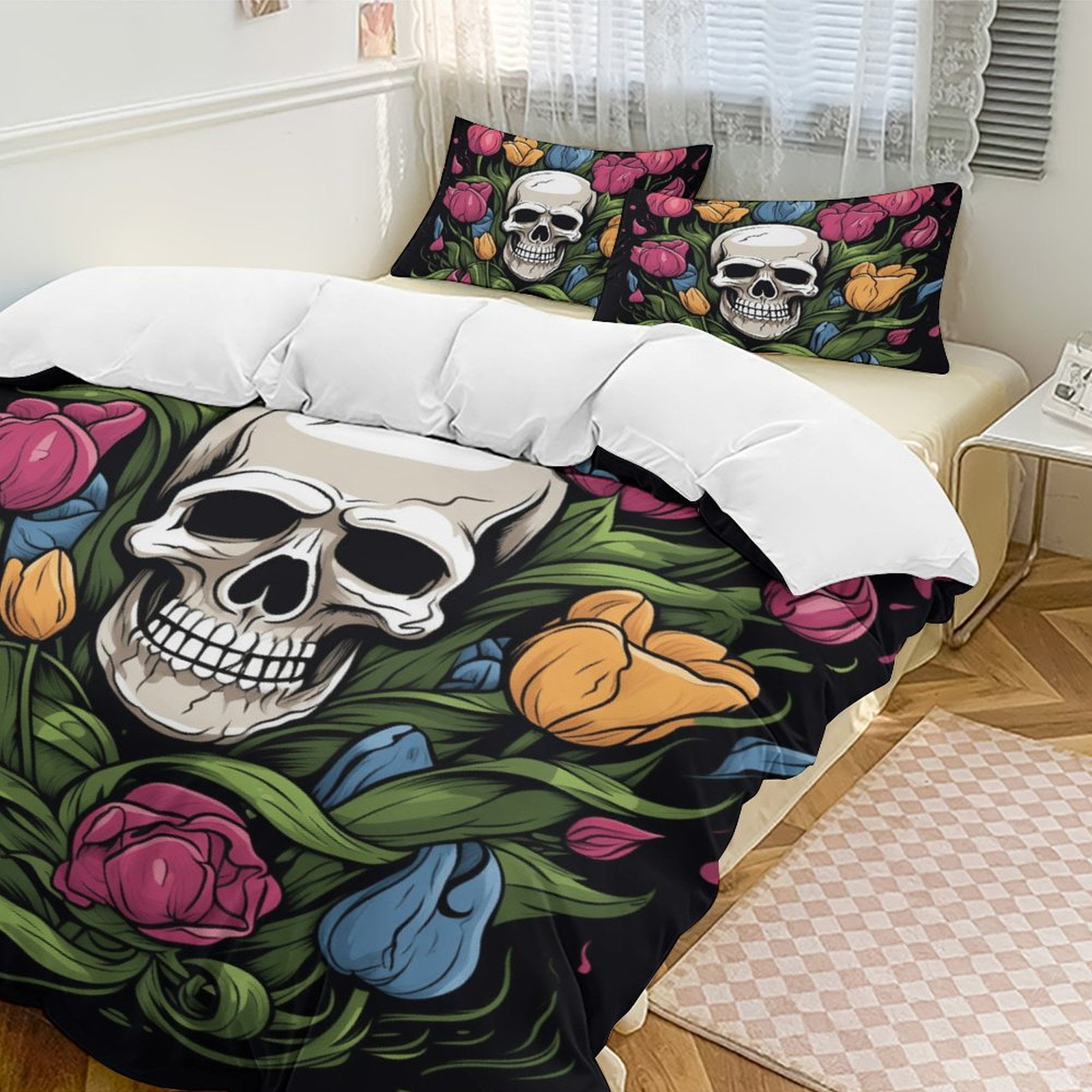 Flower Cluster Skull Duvet Cover Bedding Set for Boys Kids Women Men ...