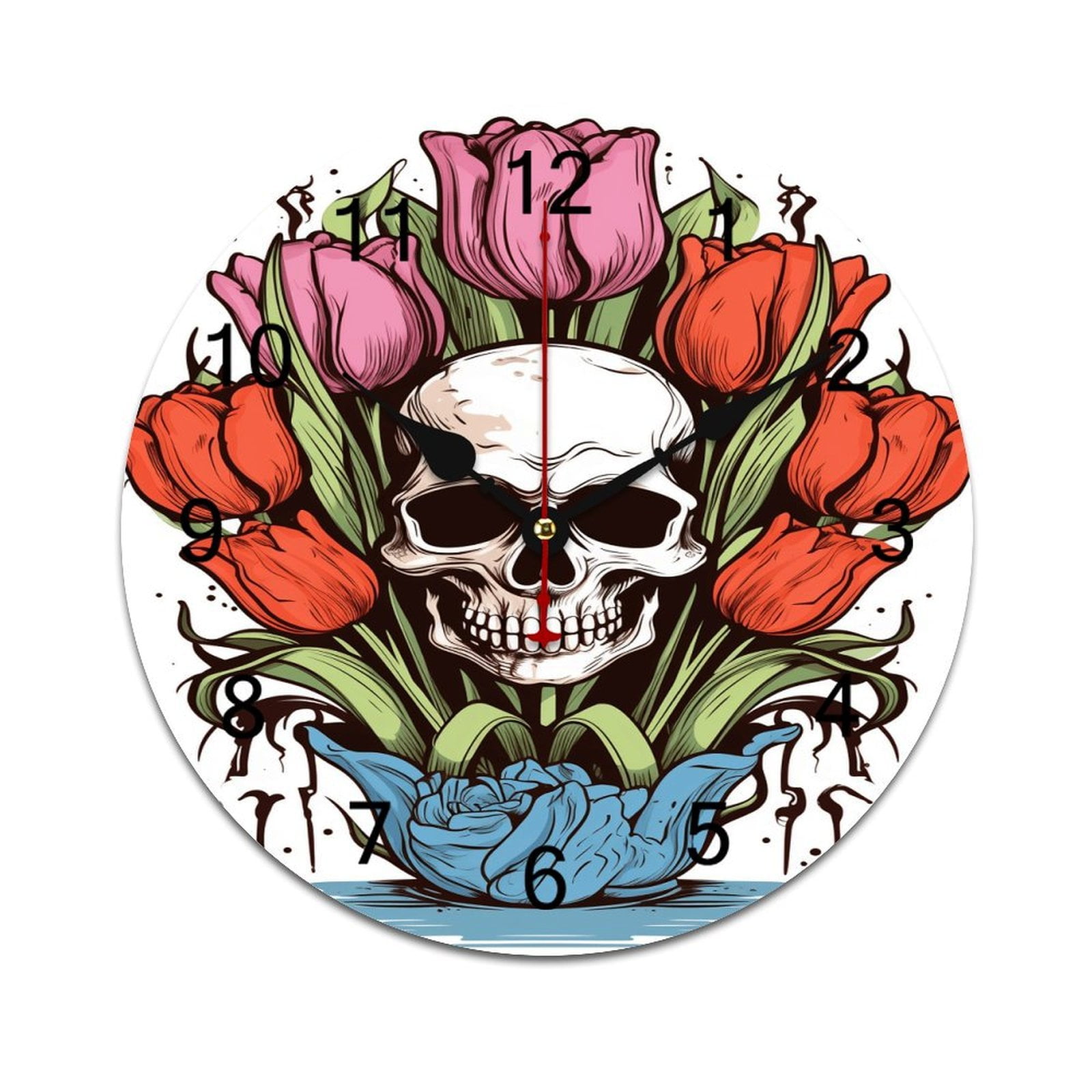 Flower Cluster Skull Round Wall Clock Modern Design Home Living Room ...