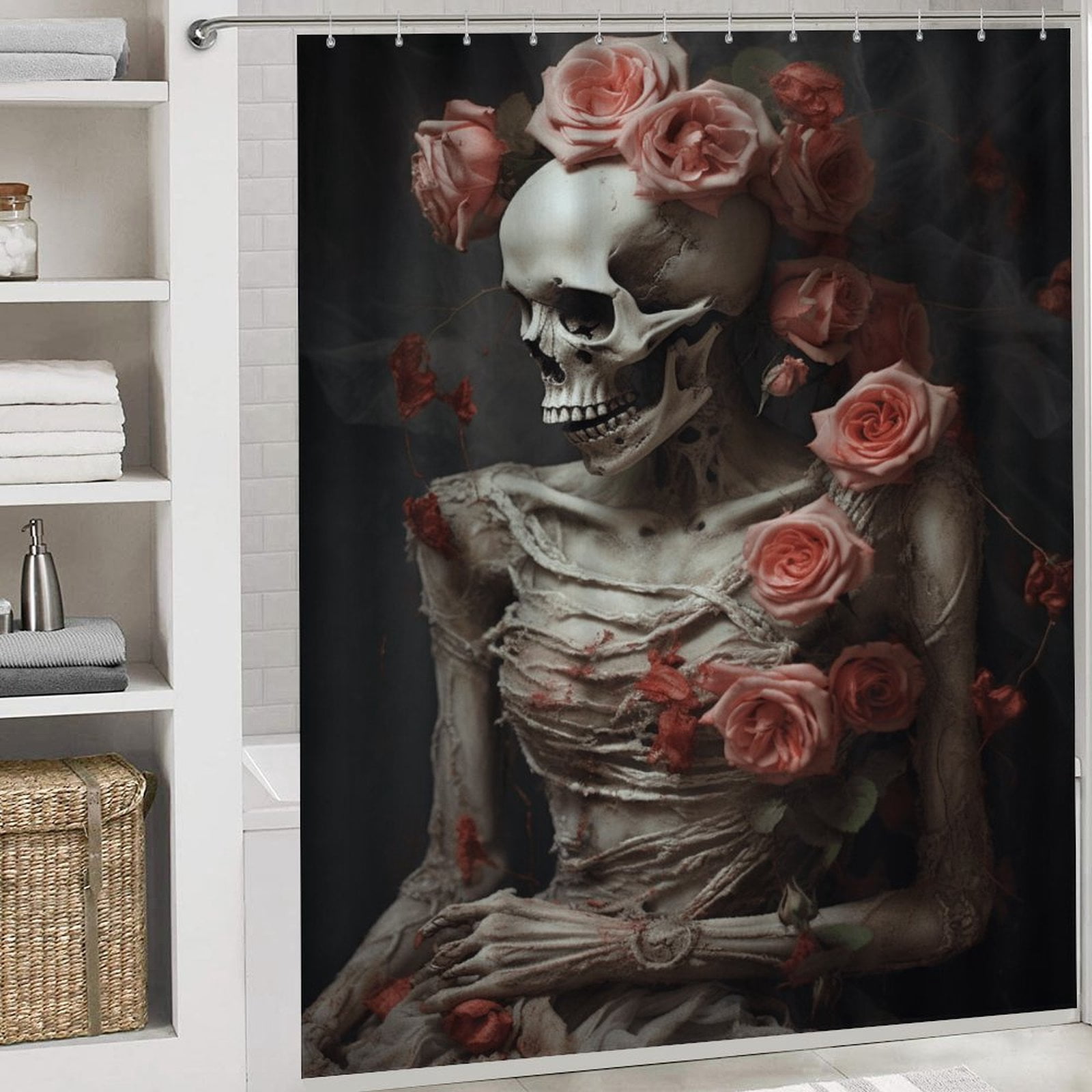 Flower Cluster Skull Shower Curtain Bathtub Decor Bathroom Fabric ...