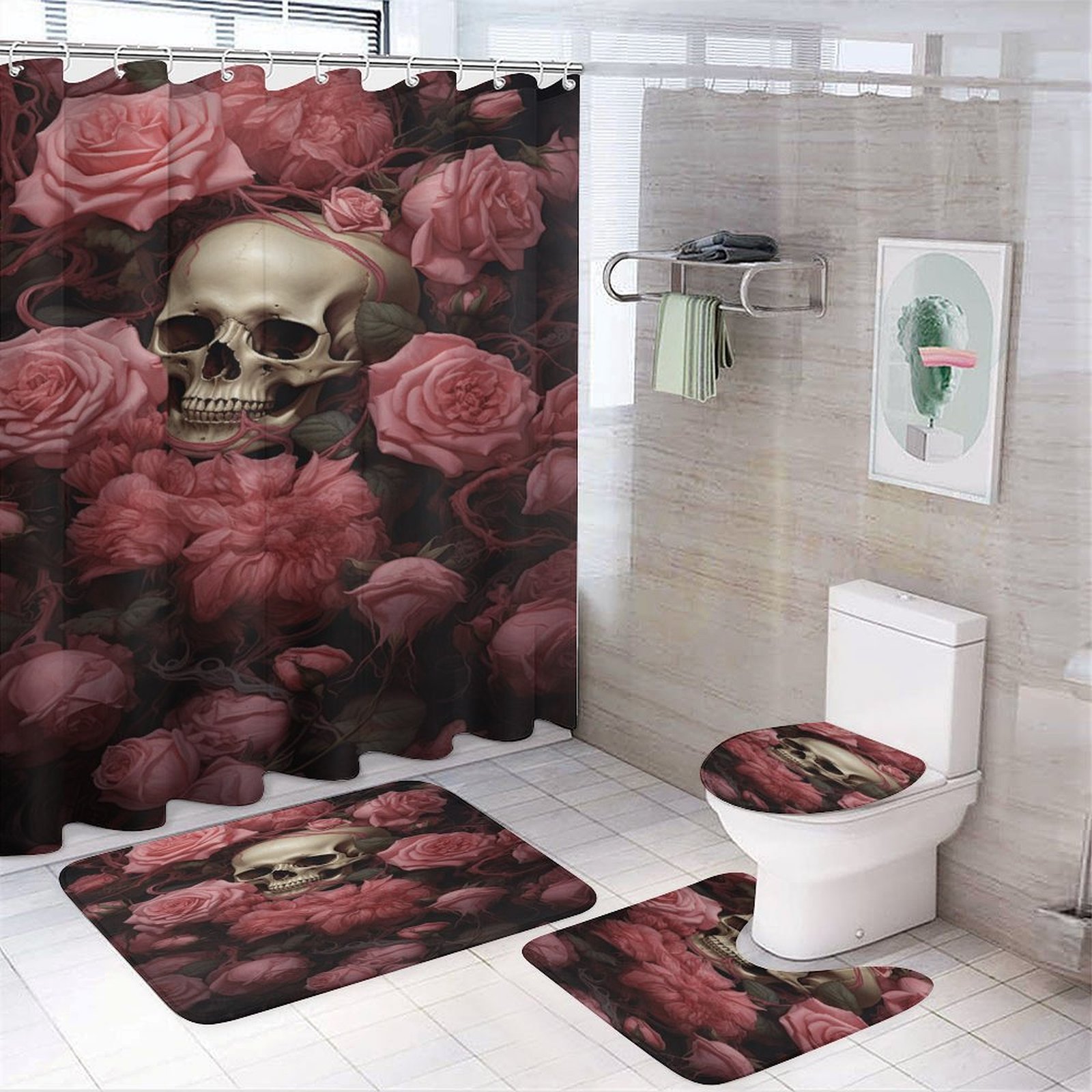 Flower Cluster Skull Shower Curtain Modern Bath Decor Set Toilet Covers ...