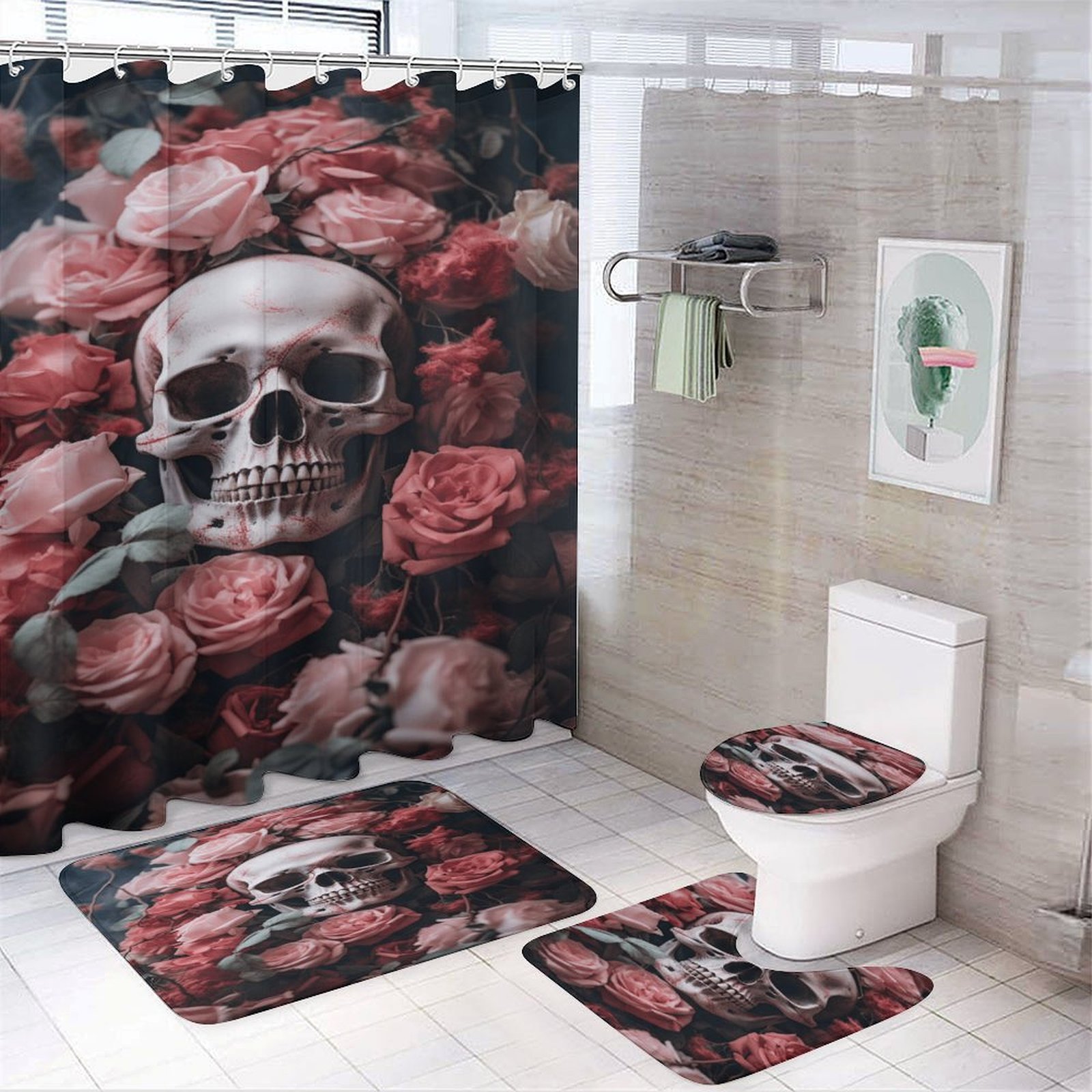 Flower Cluster Skull Shower Curtain Modern Bath Decor Set Toilet Covers ...