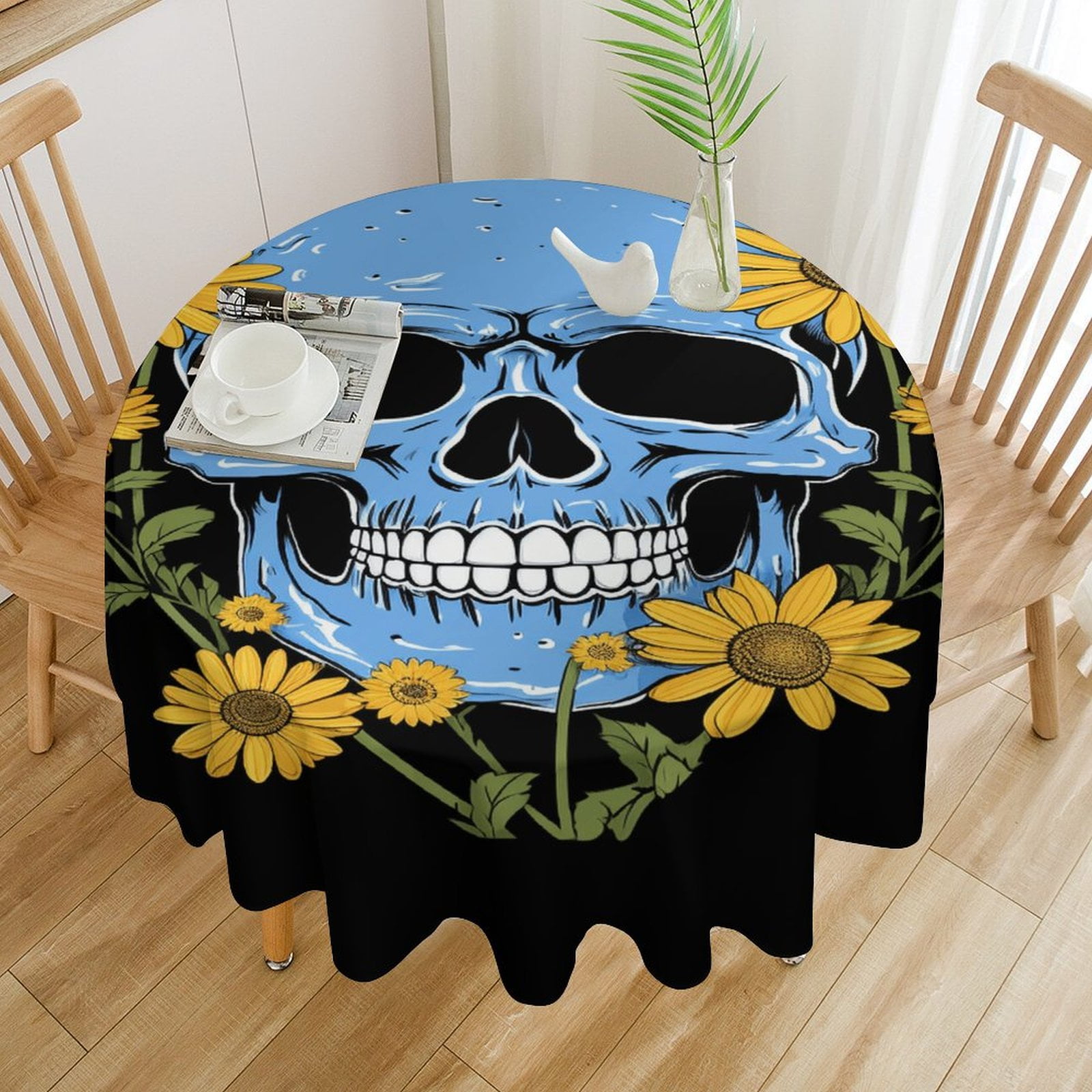 Flower Cluster Skull Table Cloth Round PVC Wedding Kitchen Dining Desk ...