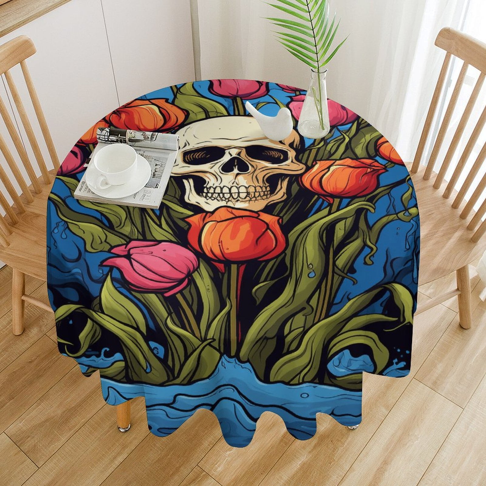 Flower Cluster Skull Table Cloth Round PVC Wedding Kitchen Dining Desk ...