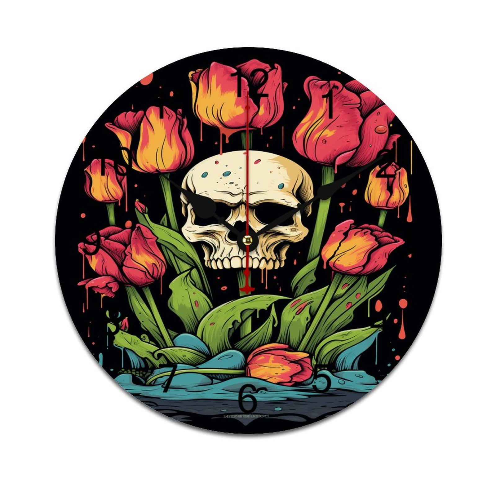Flower Cluster Skull Time Decorative Wall Clocks Round Large Wall Watch ...
