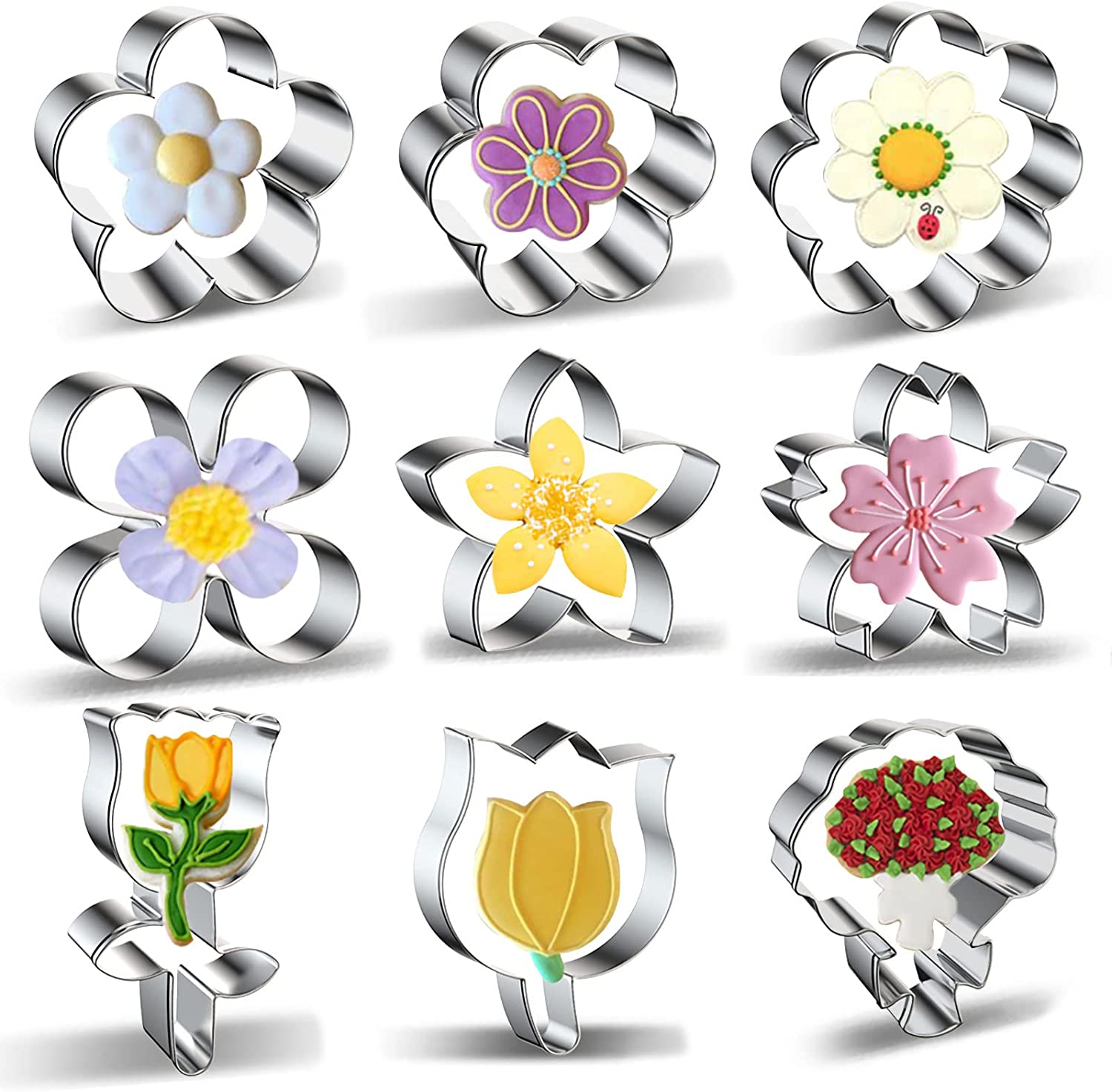 Flower Cookie Cutter Set 9-Piece Rose, Tulip, Lilac, Cherry Blossom ...
