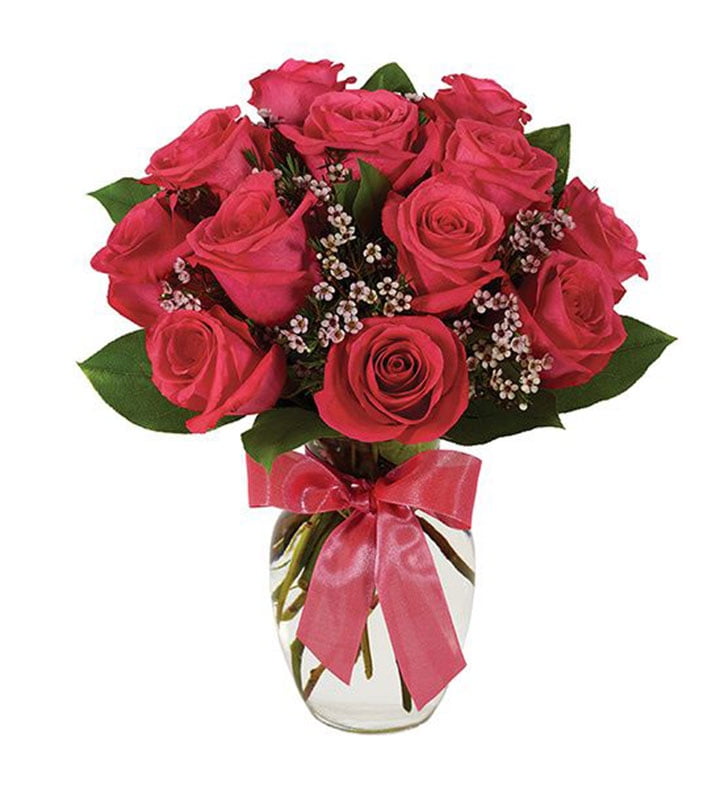 Flower Country One Dozen - 12 Stems Hot Pink Roses with Vase - Walmart.com