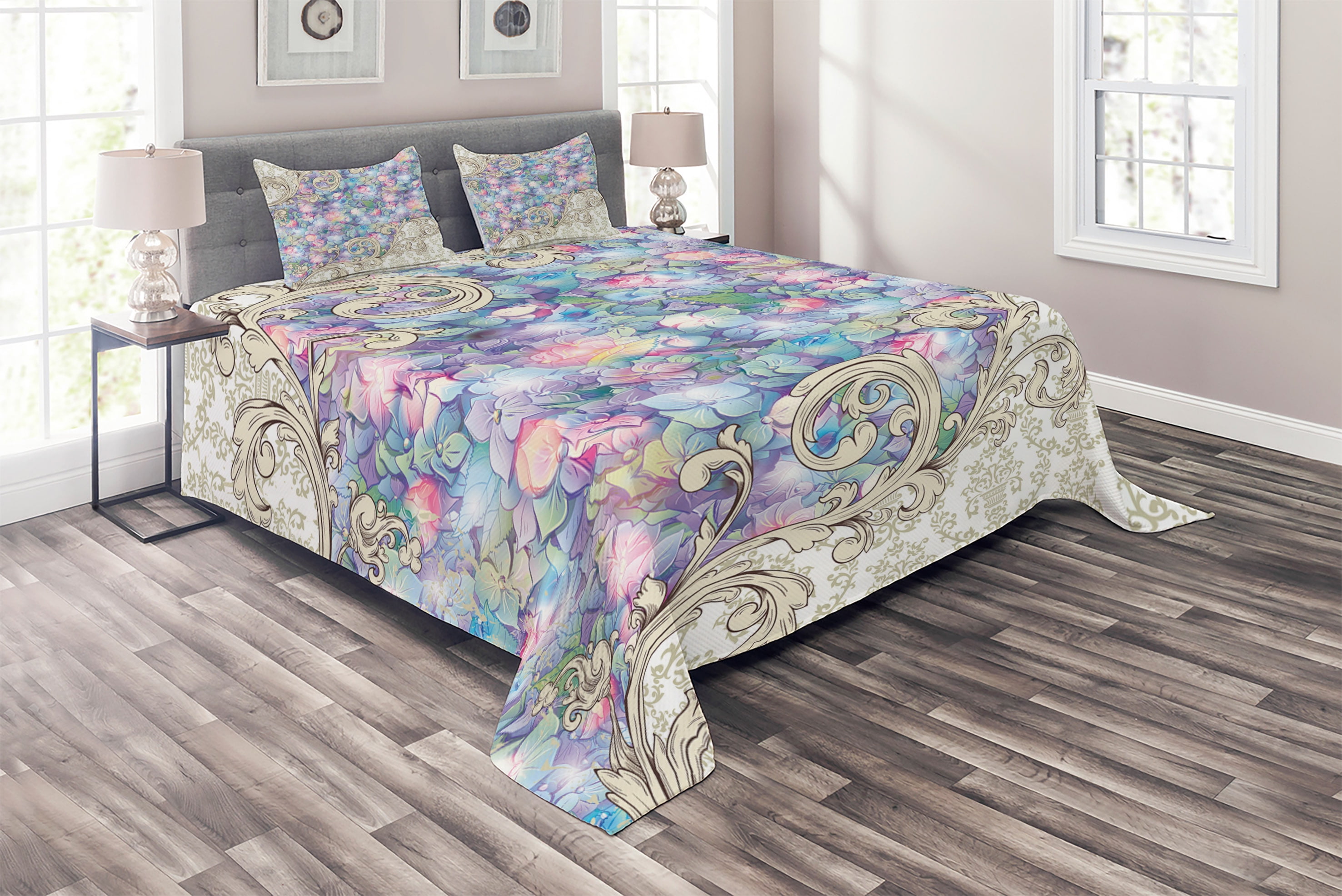 Ambesonne Flower Quilted Coverlet 3 Pcs, Baroque Hydrangeas Swirls ...