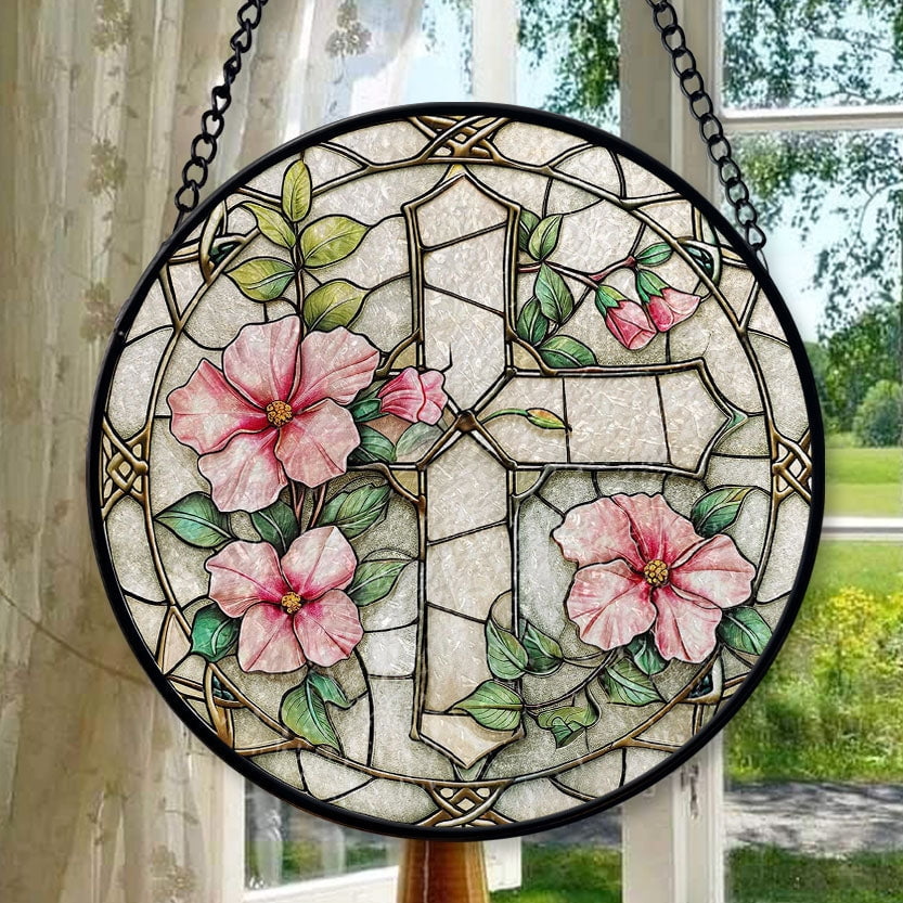 Flower Cross Window Glass, Suncatcher Window Hanging, Indoor Decor ...