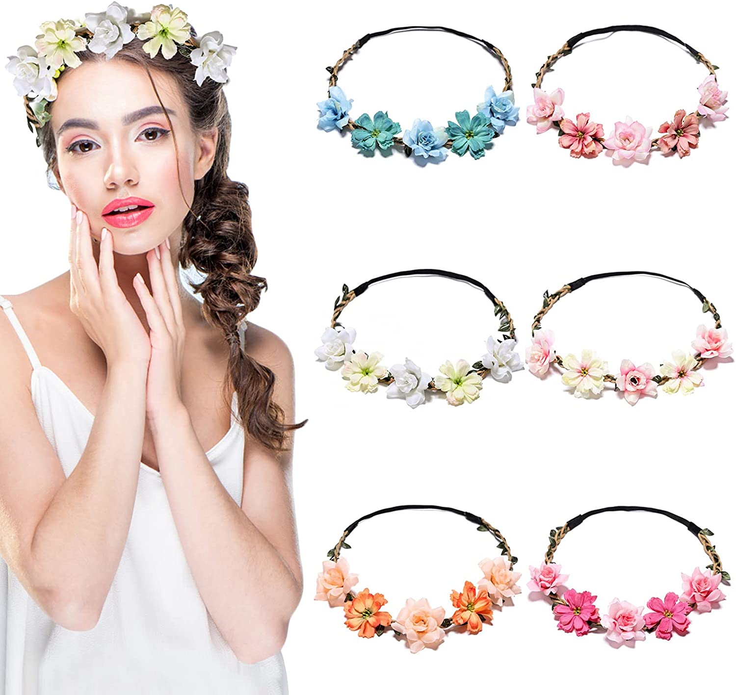 Flower Crown Headbands, 6 Pieces Flower Headbands for Women Girls ...
