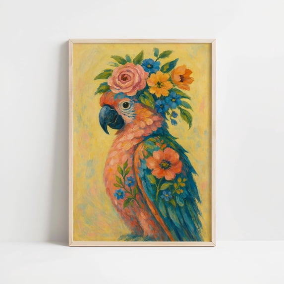 Flower Crown Parrot Tropical Boho Wall Art Print, Botanical Bedroom And ...