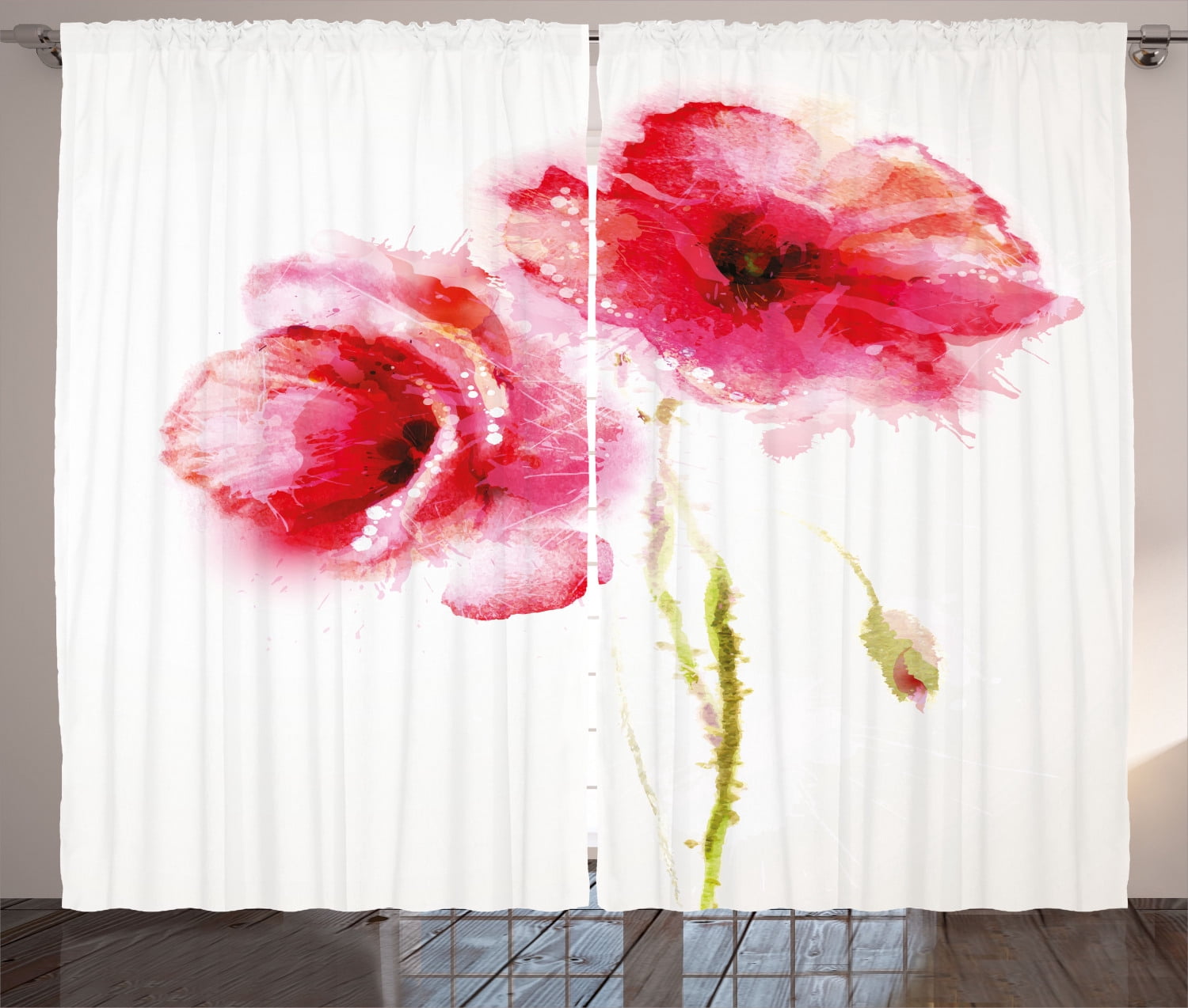 Ambesonne Pink White Curtains 2 Panel Set, Garden Poppy Floral, 108" x ...