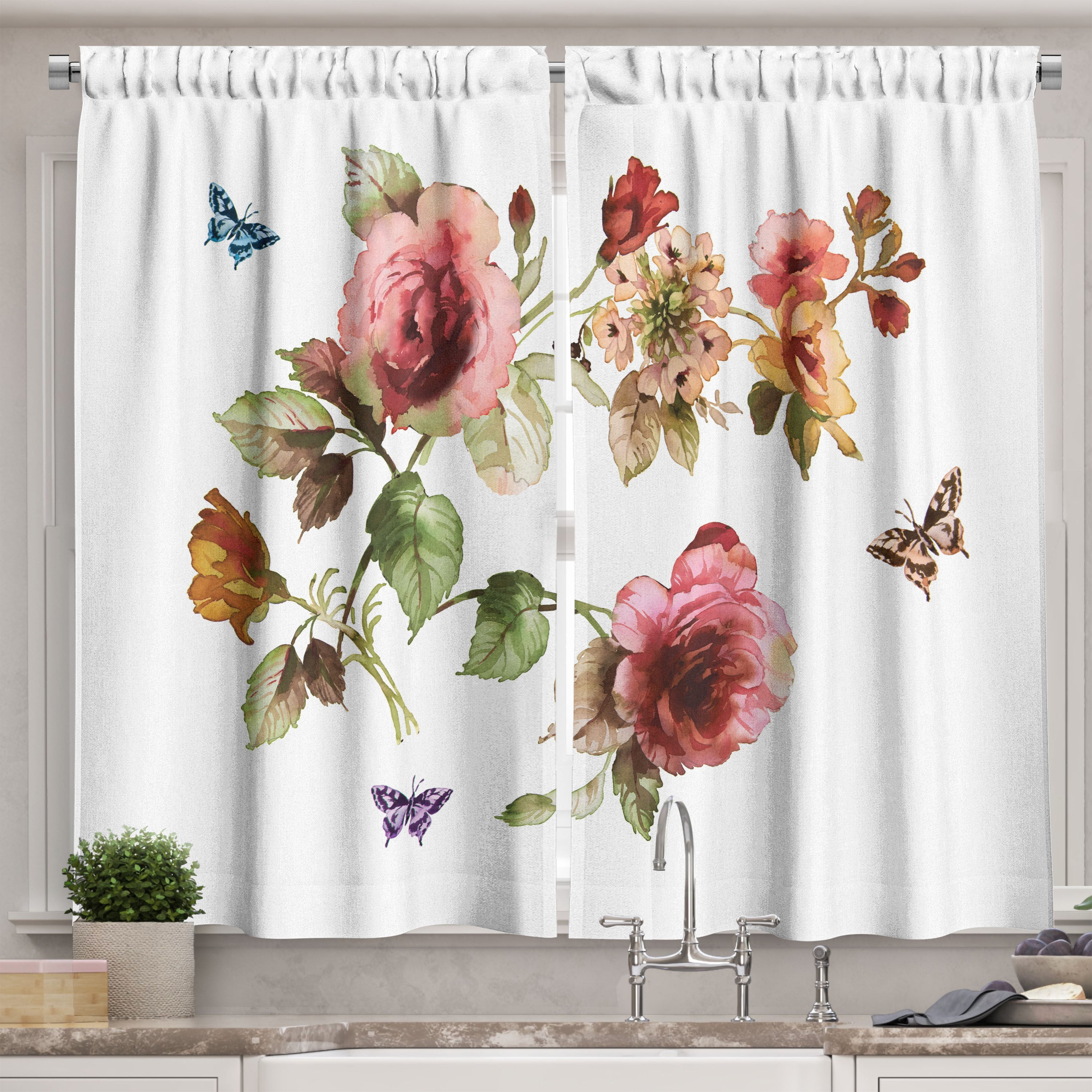 Flower Curtains 2 Panels Set, Shabby Chic Roses Buds Leaves Tulips ...