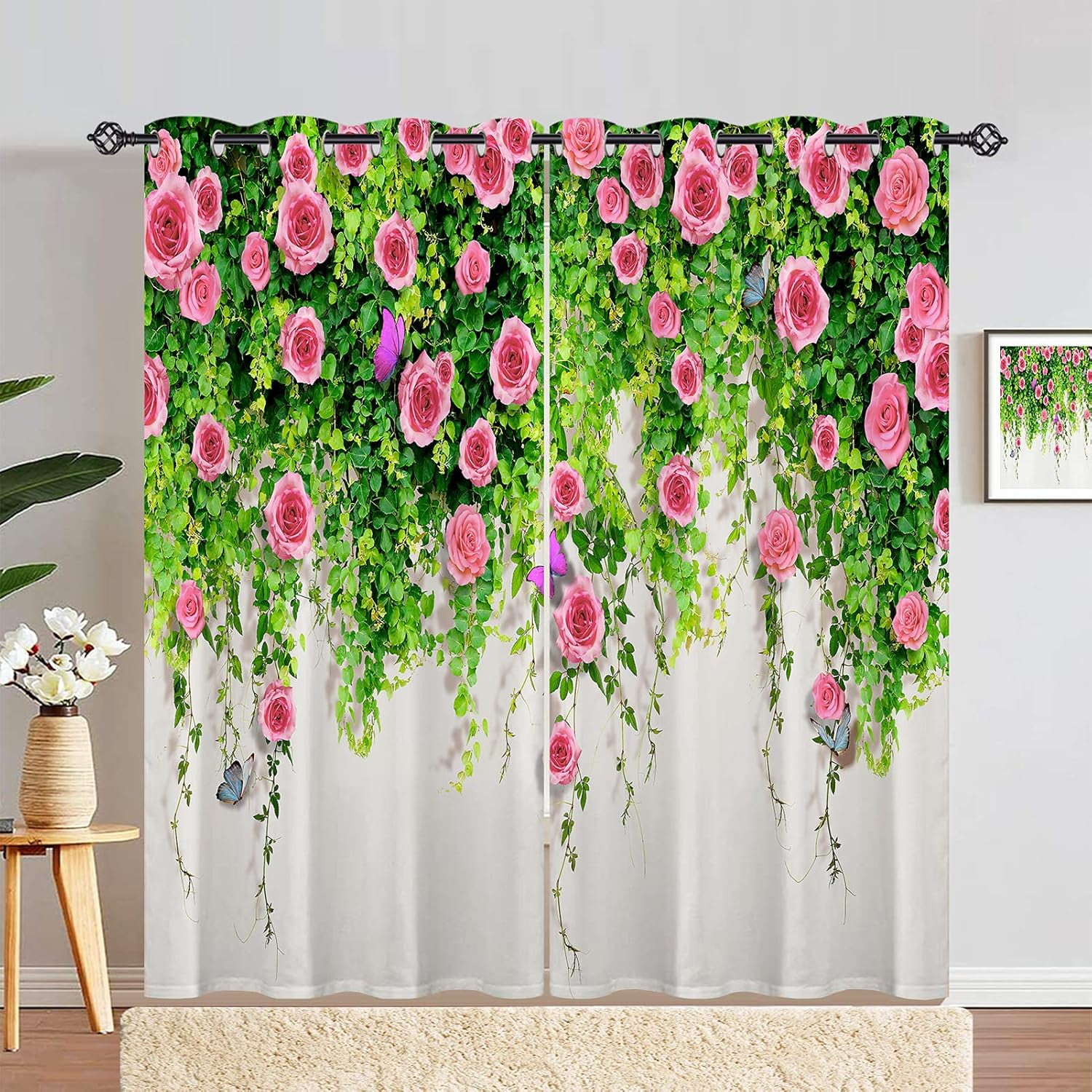 Flower Curtains Grommet Blackout Room Darkening Curtains with Pink Rose ...