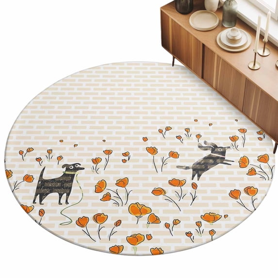 Flower Cute Area Rugs 5' (Round) Black Dog Brick Wall Floor Rug Non ...