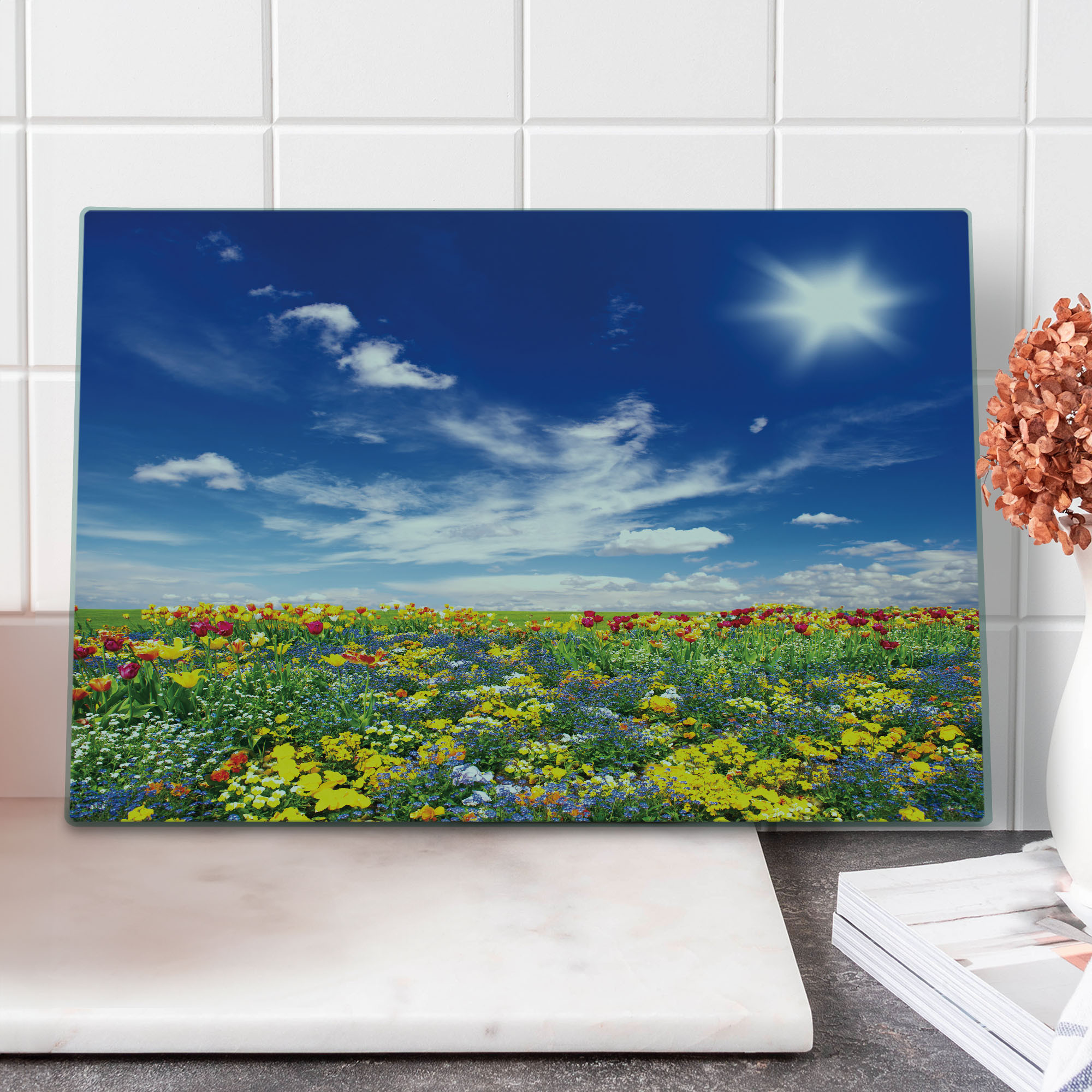 Flower Cutting Board, Flowers Meadow and Cloudy Sky Nature Landscape ...