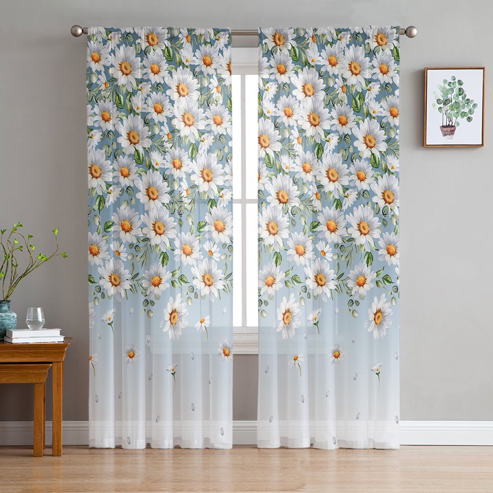 Flower Daisy Gradient Sheer Curtains For Living Room Modern Fashion ...