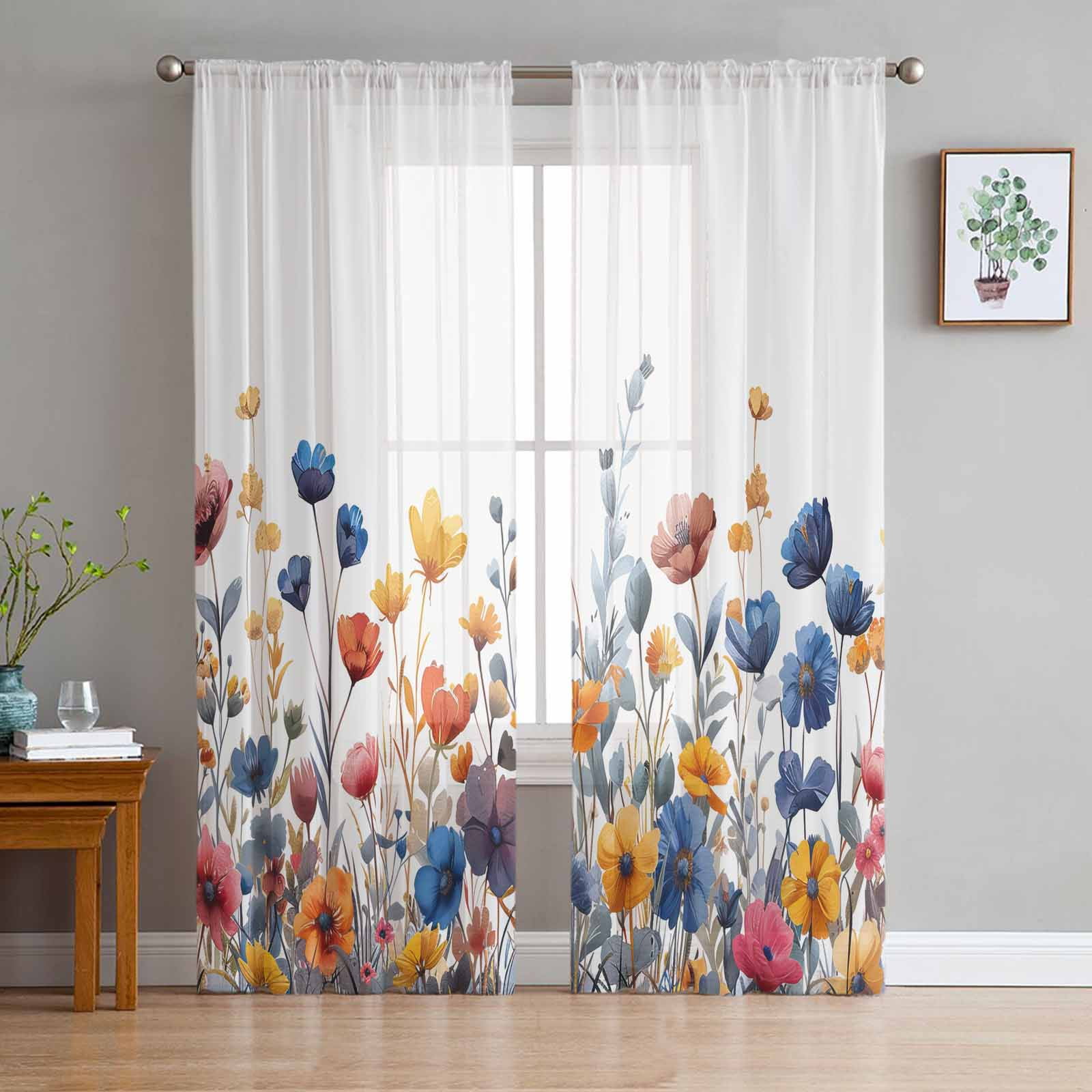 Flower Daisy Plant Leaves Sheer Curtains for Living Room ration Window ...