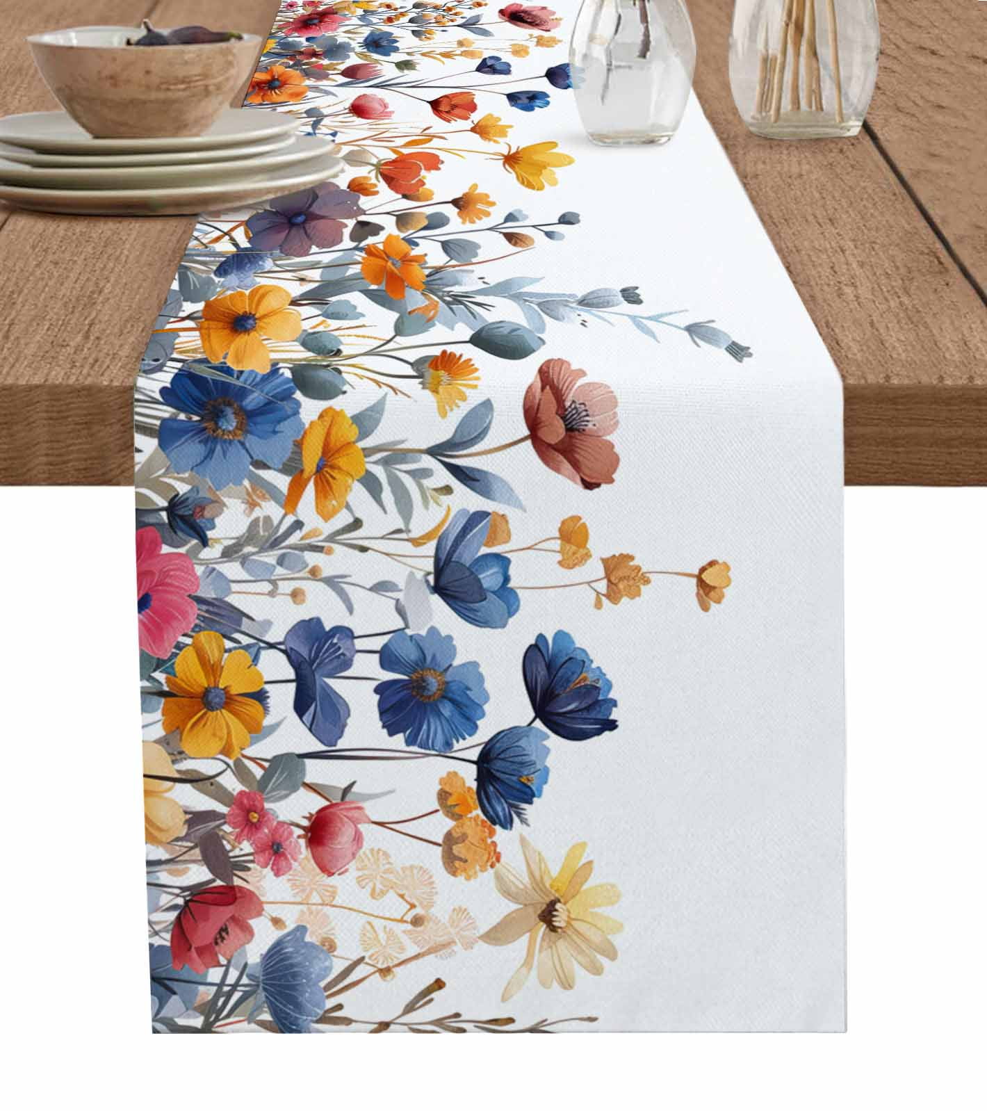 Flower Daisy Plant Leaves Table Runner for Dining Table Kitchen r ...