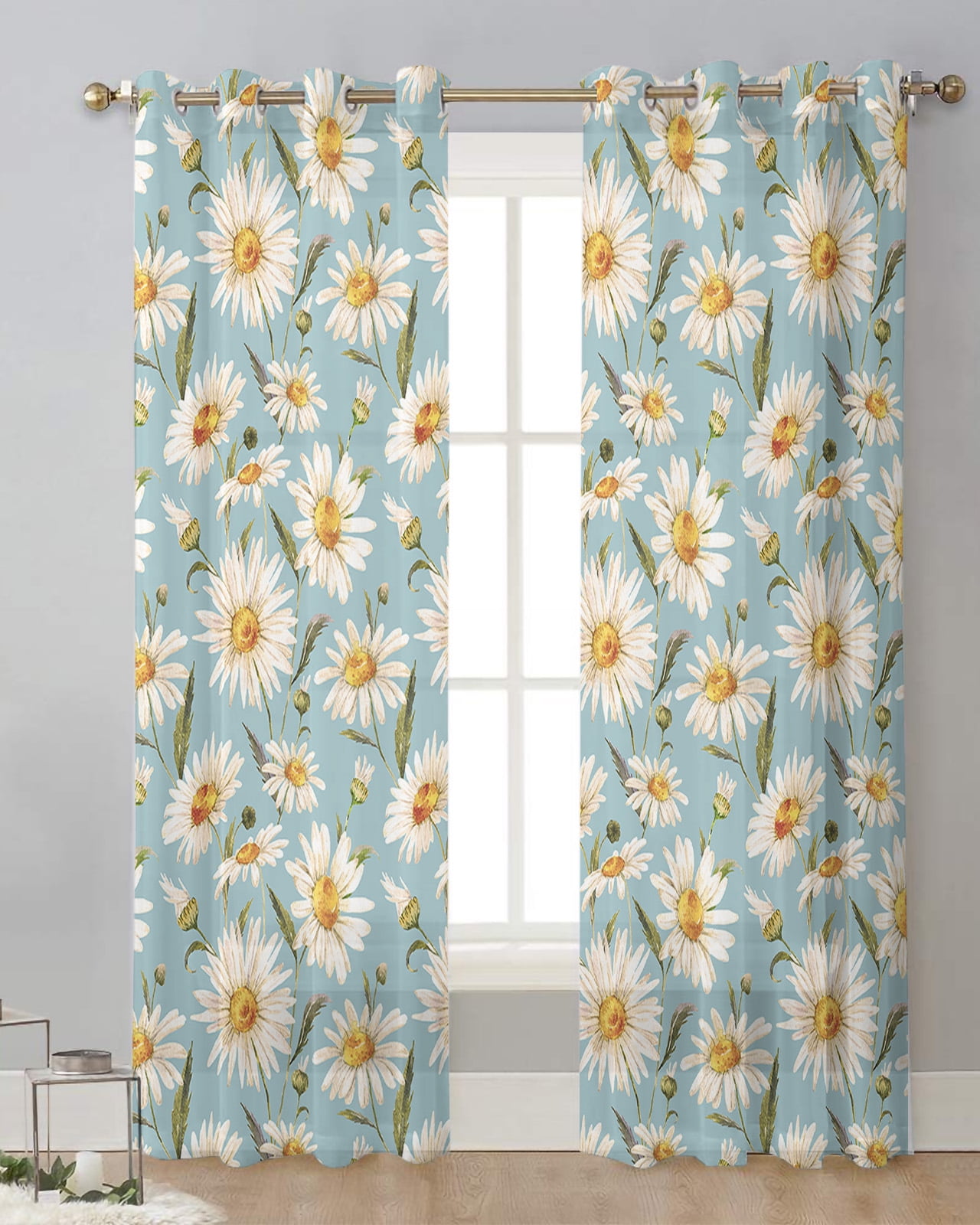Flower Daisy Spring Summer Watercolor Tulle Curtain for Living Room ...