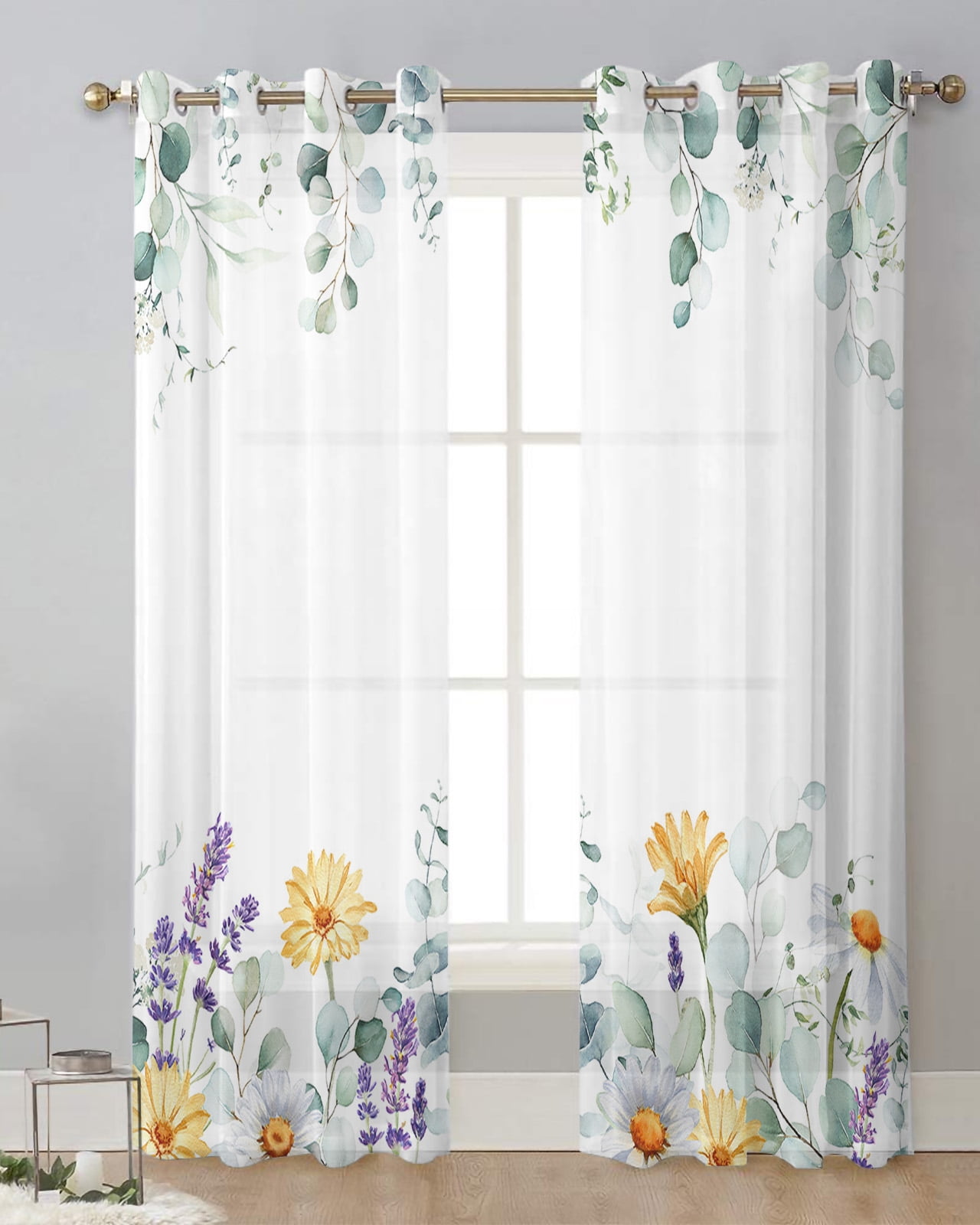 Flower Daisy Spring Summer Watercolor Tulle Curtain for Living Room ...