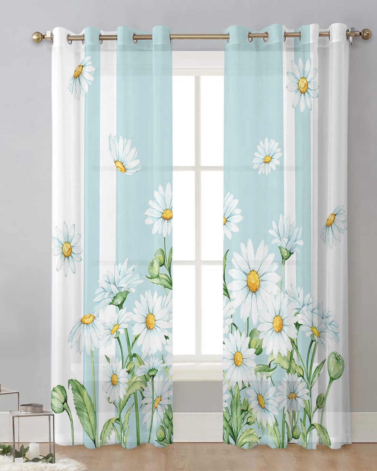 Flower Daisy Spring Summer Watercolor Tulle Curtain for Living Room ...