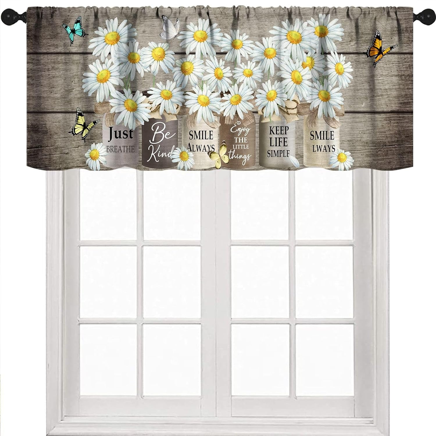 Flower Daisy Window Valance for Kitchen,Rustic Retro Blue Teal Floral ...