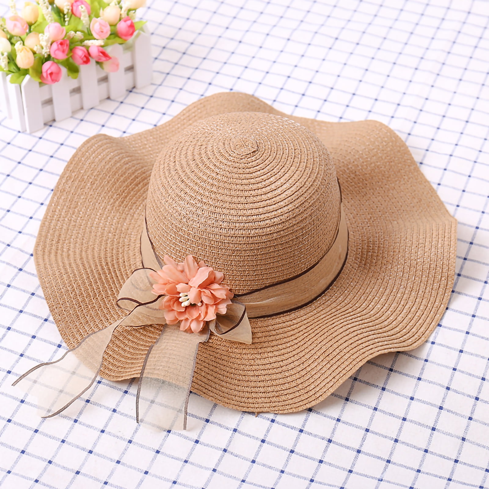 Flower Decor Lace Up Bowknot Round Dome Sun Hat Women Big Wave Brim