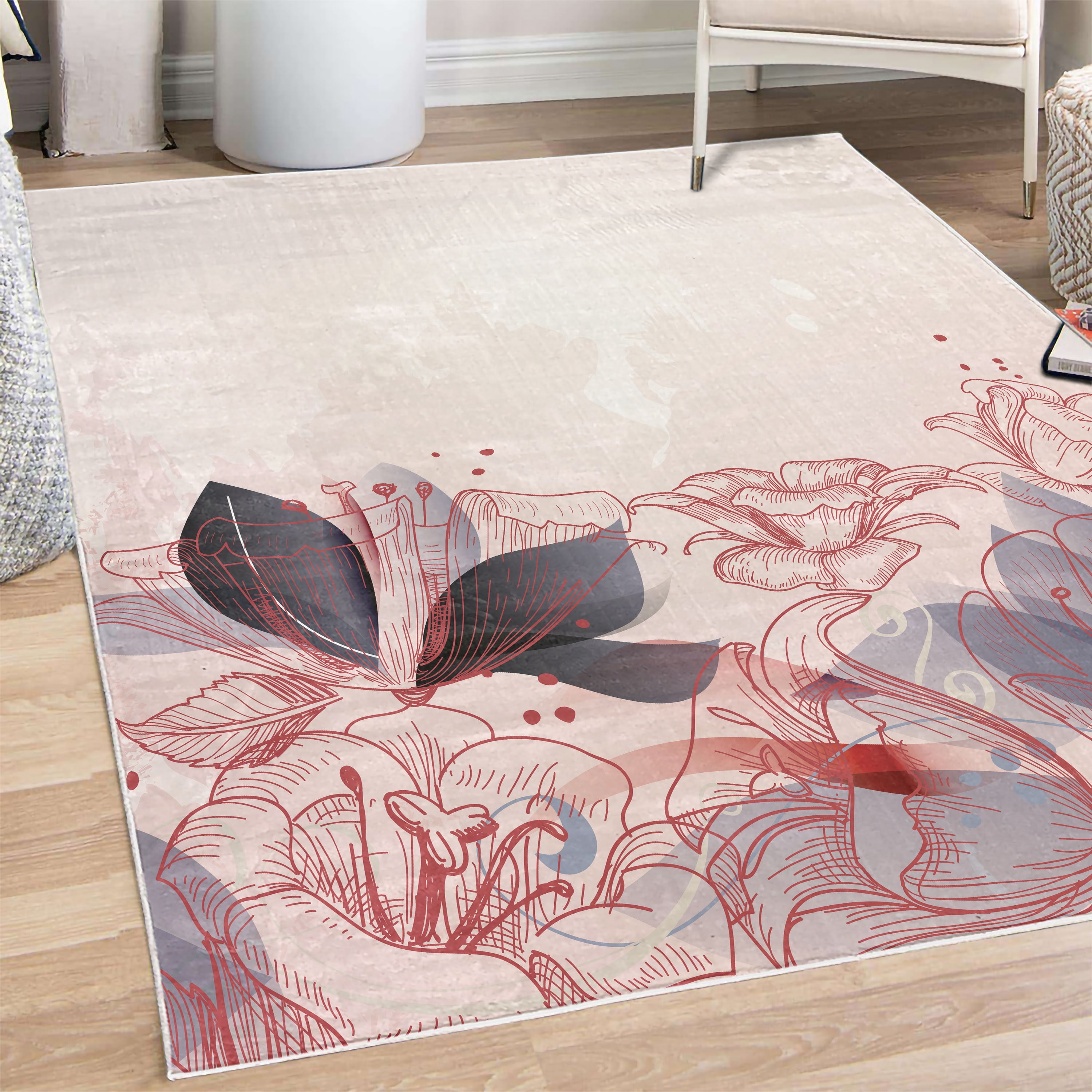 Flower Decorative Rug, Retro Floral Background Hibiscus Silhouettes ...