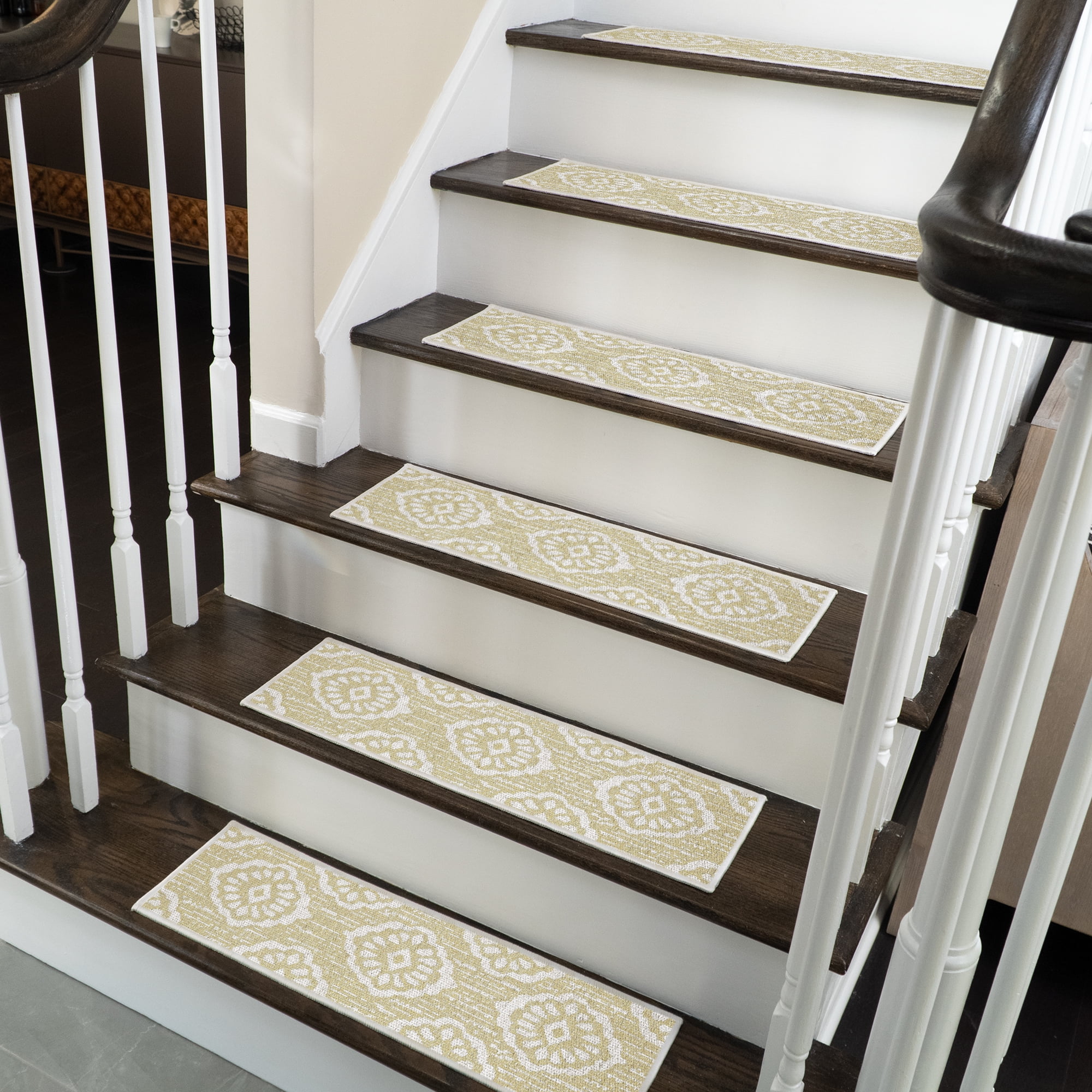 Flower Design 9" X 28" Stair Treads - 70 % Cotton Anti-Slip Carpet ...