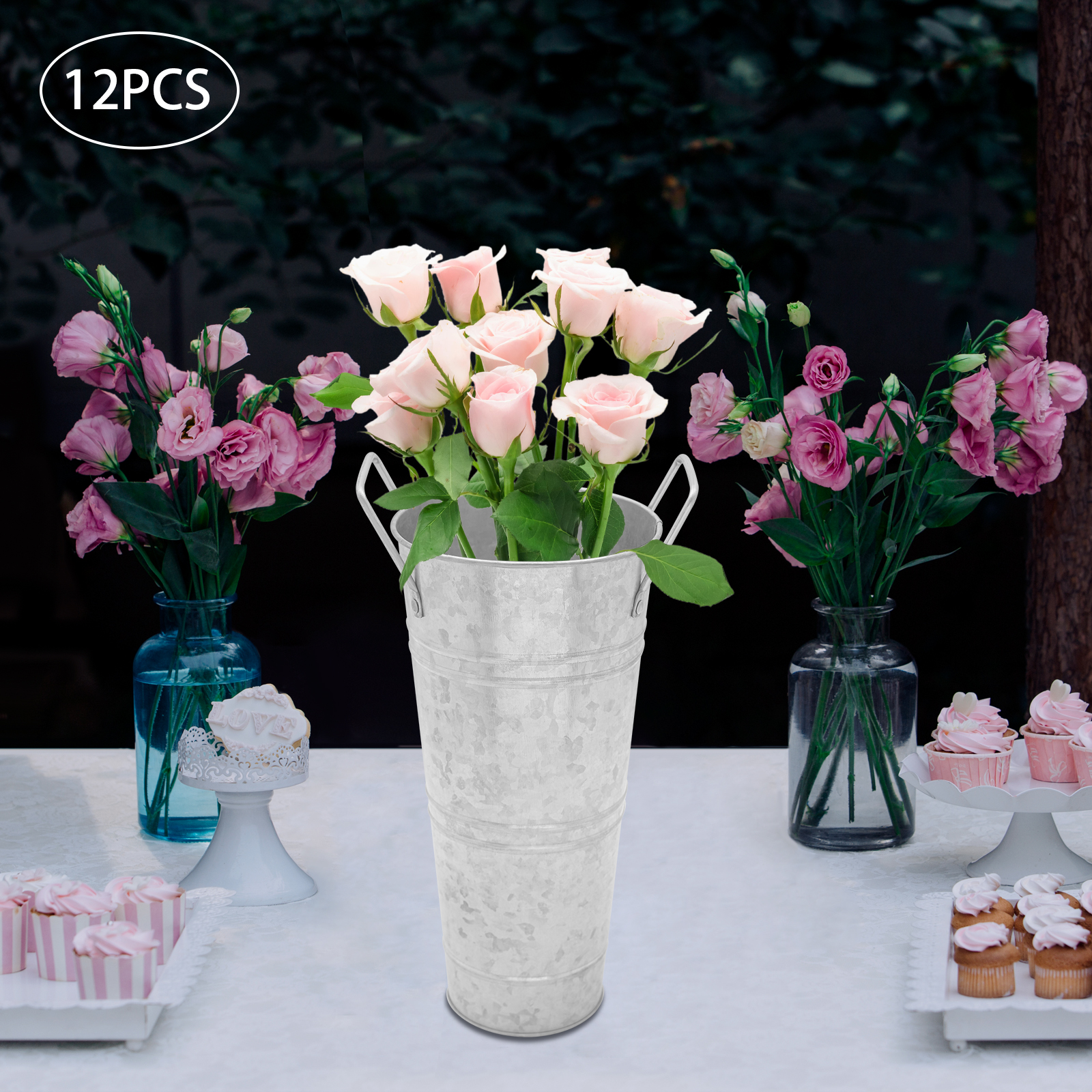 Flower Display Buckets, Iron 12 Pcs Silver Metal Flower Buckets,Wedding ...