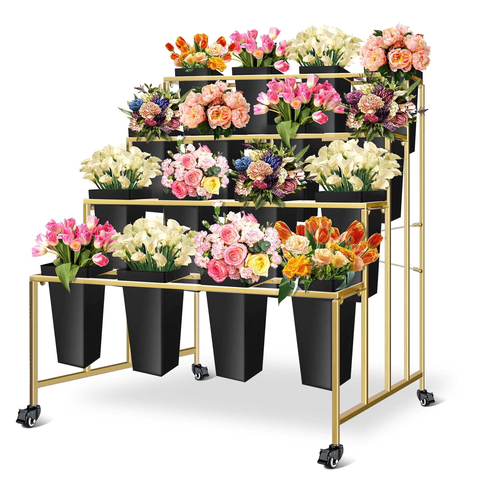 Flower Display Rack,4 Layers Metal Plant Stand with 16 Square Buckets ...