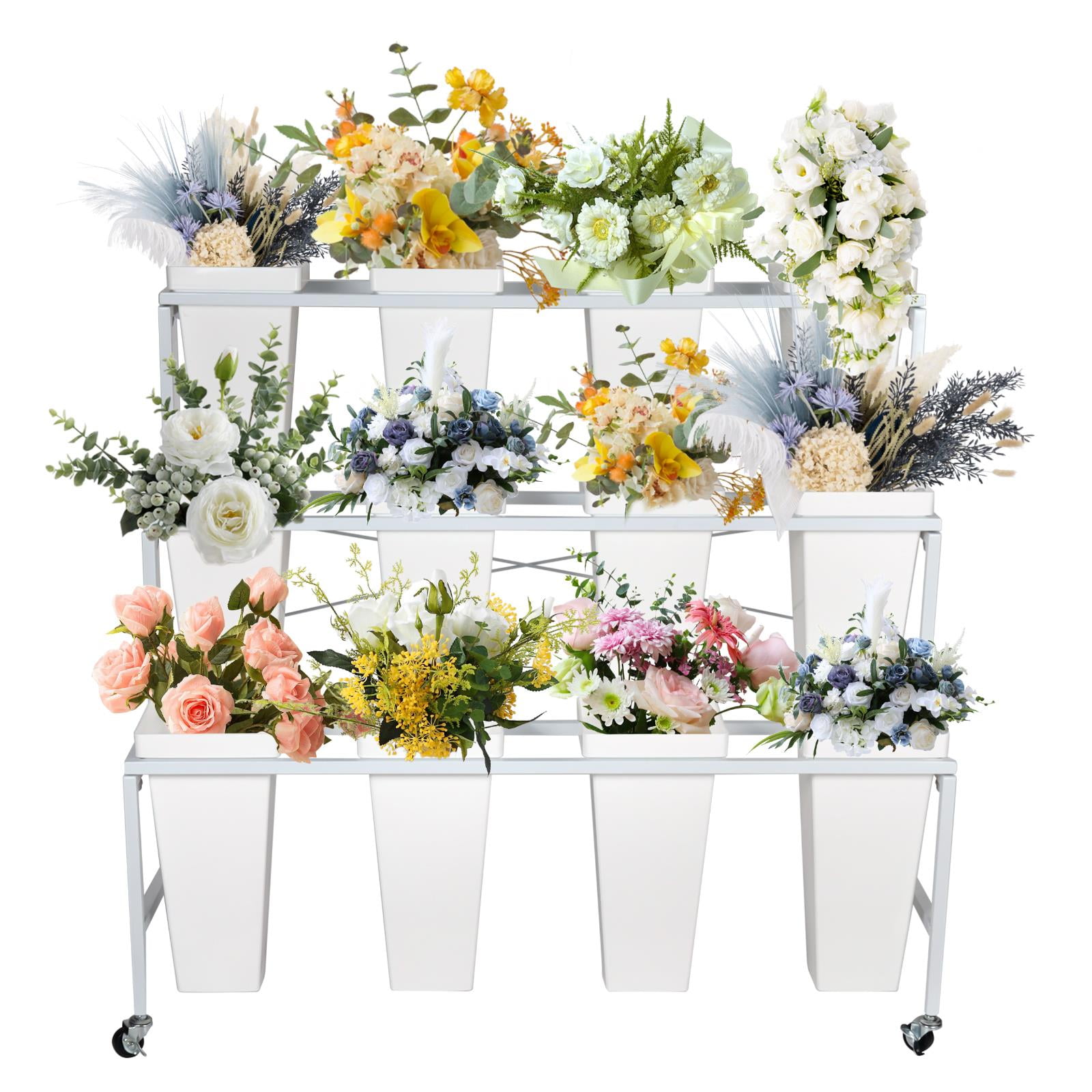 POWKOL Wrought Iron Plant Stand with 4 Wheels, 3 Layers Movable Flower ...