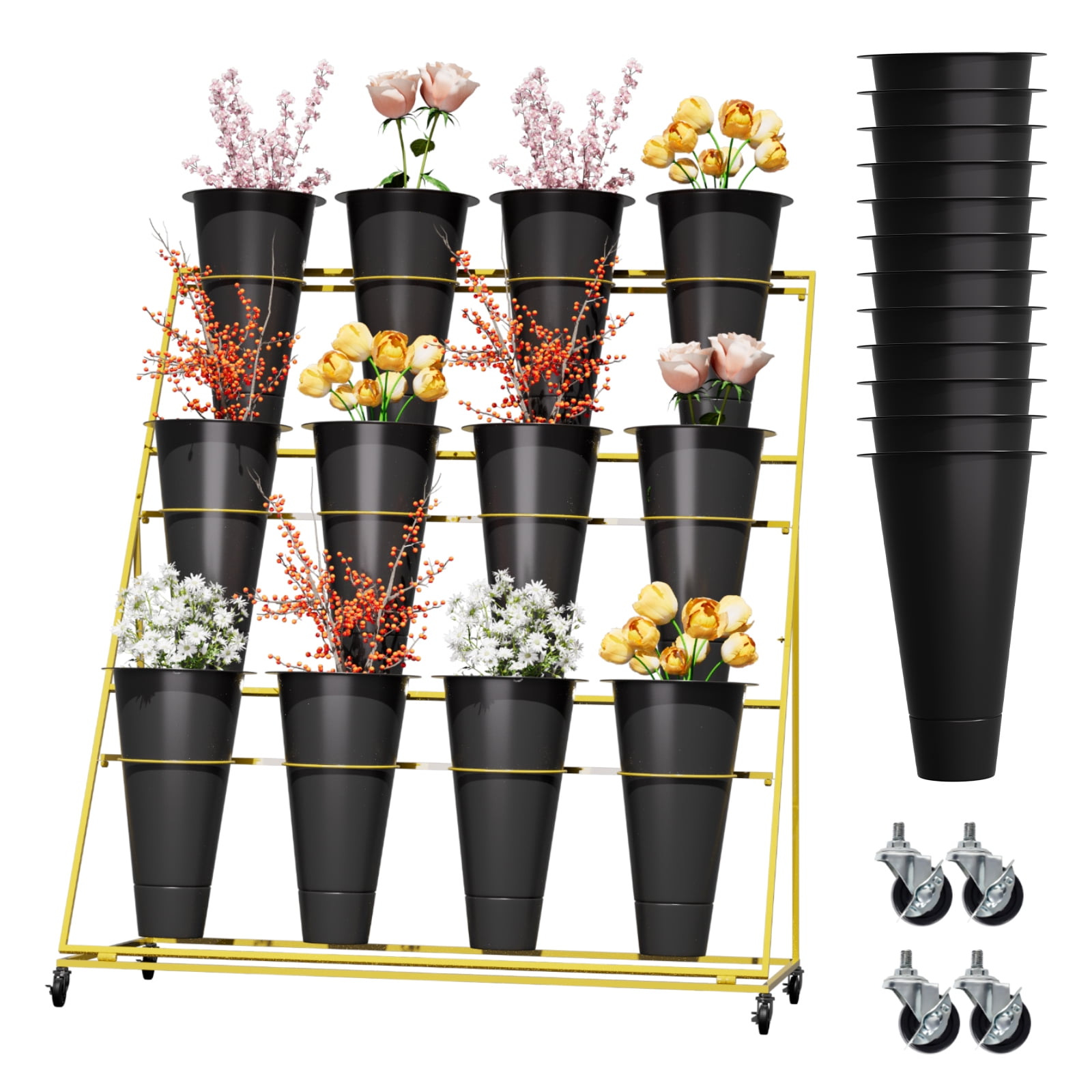 Flower Display Stand with 12 Black Buckets, 3 Layers, 39.3x23.3x35.4 ...