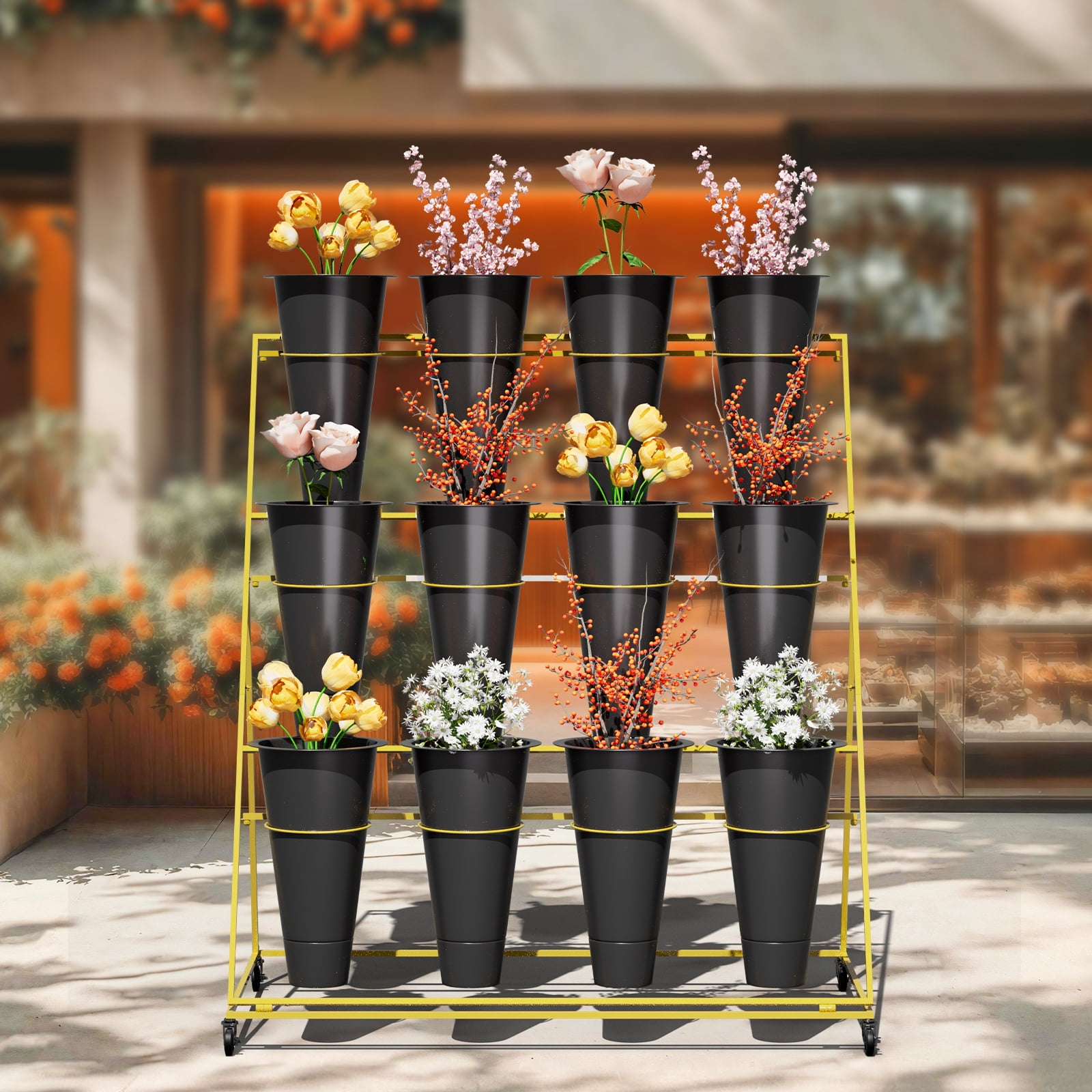 Flower Display Stand with 12 Black Buckets, 3 Layers, Revolving, Tiered ...