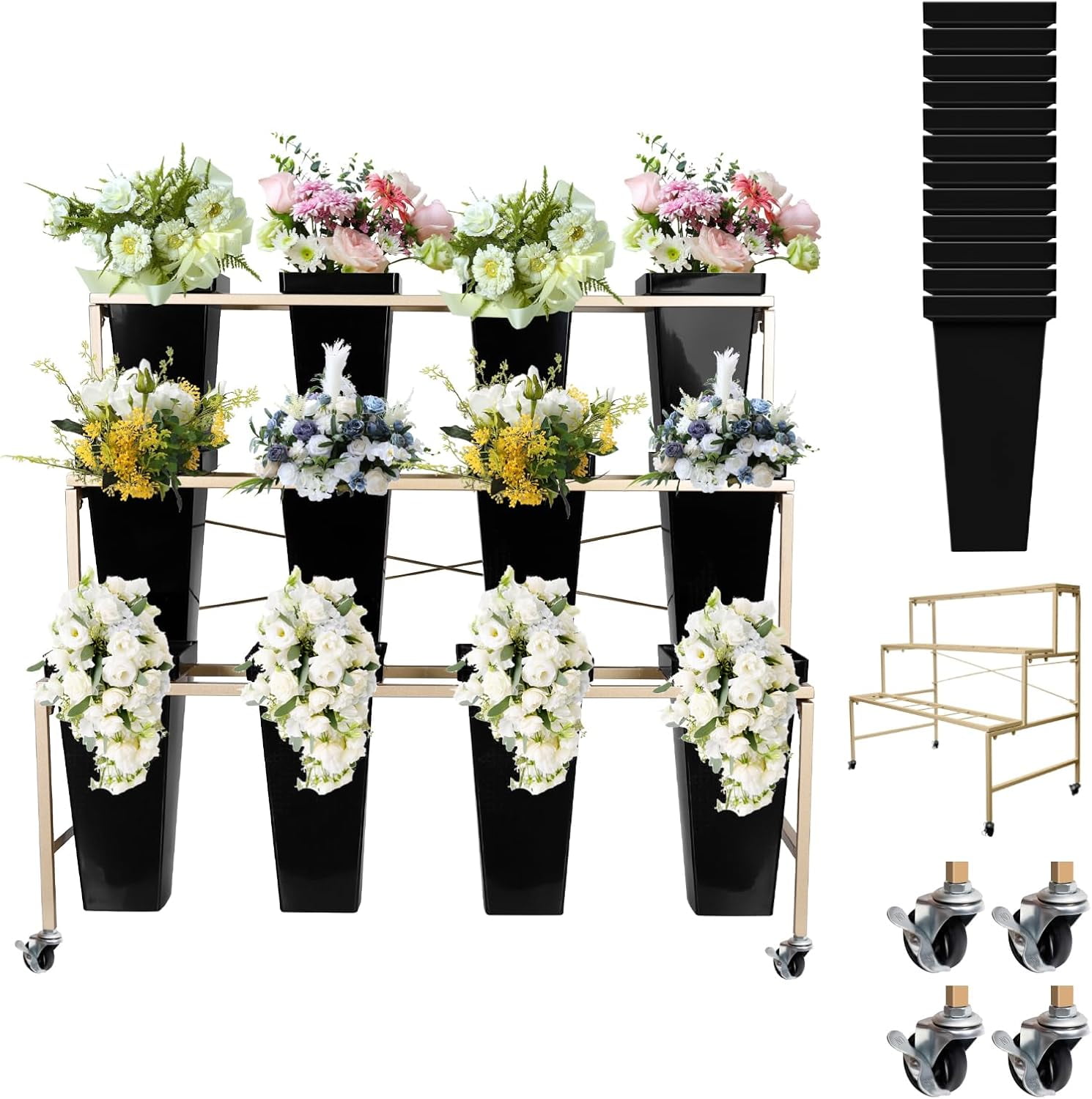 Flower Display Stand with 12 Buckets, 3 Layer Plant Stand with Wheels ...