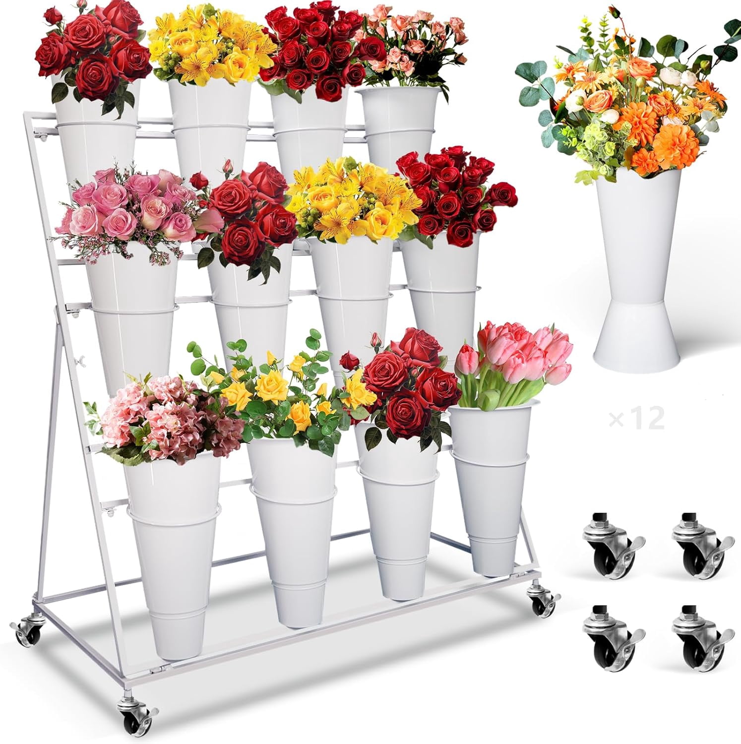 Flower Display Stand with 12 Buckets, 3 Layers Cart Display Stand with ...
