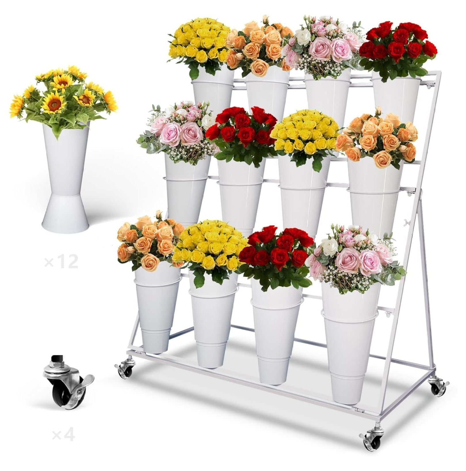 Flower Display Stand with 12 Buckets, 3 Layers Flower Cart Display ...