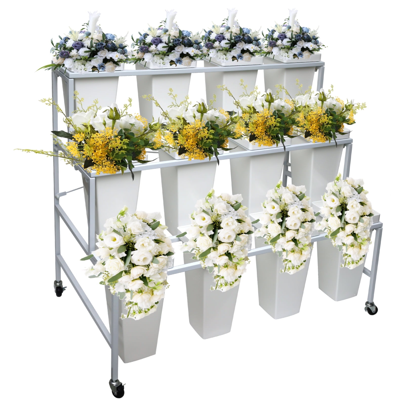 Flower Display Stand with 12 Buckets, 3 Layers Flower Cart White Metal ...
